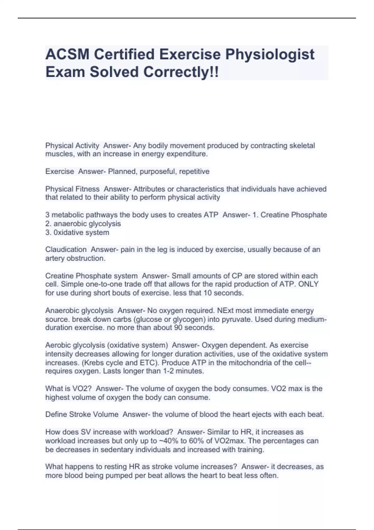 ACSM Certified Exercise Physiologist Exam Solved Correctly!! - ACSM-EP - Stuvia US