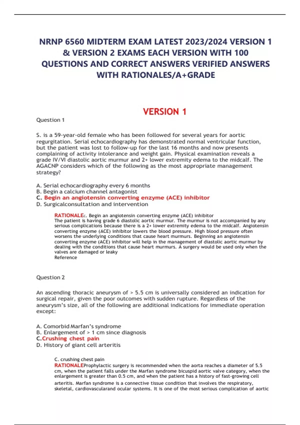 NRNP 6560 MIDTERM EXAM LATEST 2023/2024 VERSION 1 & VERSION 2 EXAMS ...