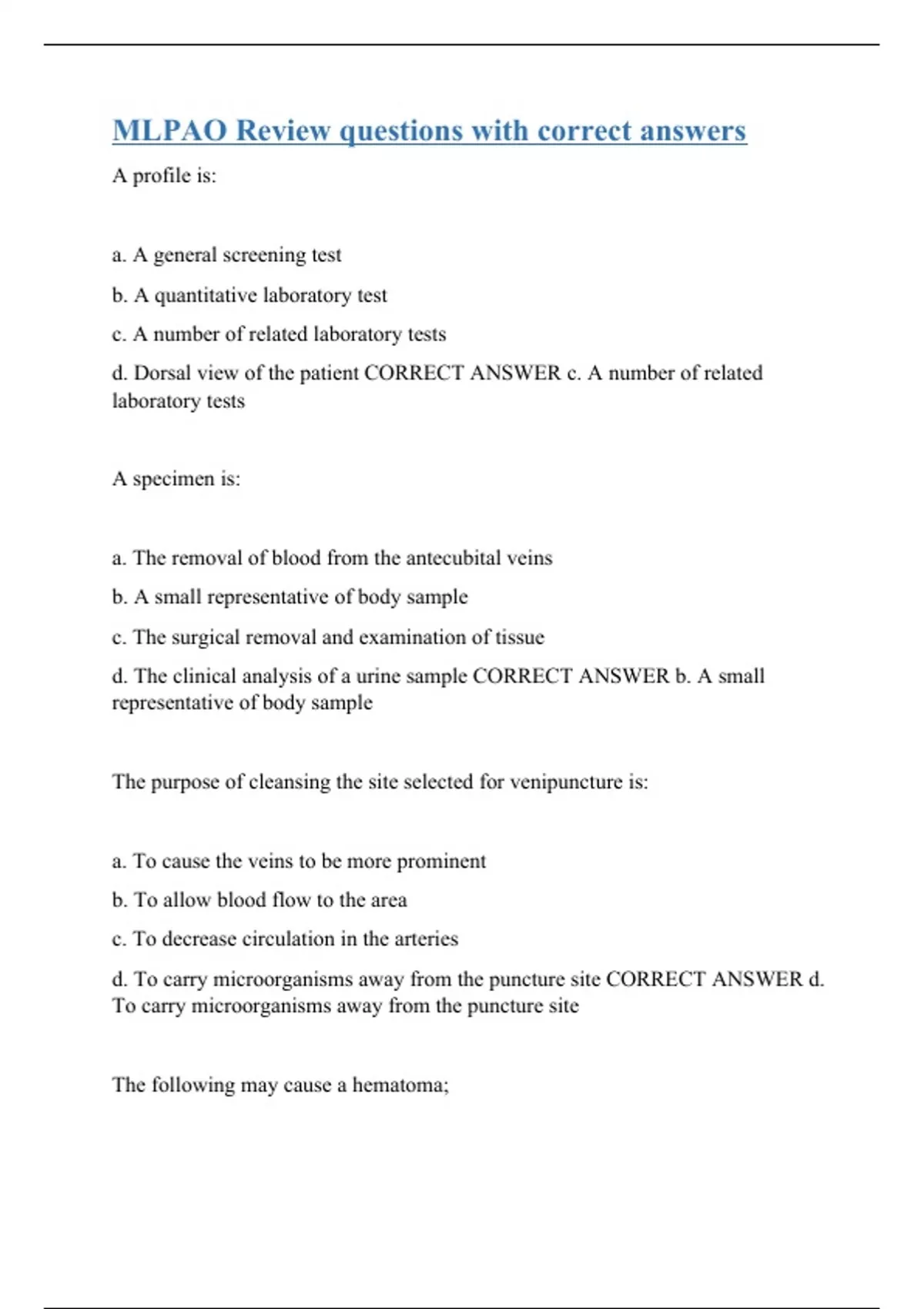 MLPAO Review questions with correct answer2. - MLPAO - Stuvia US