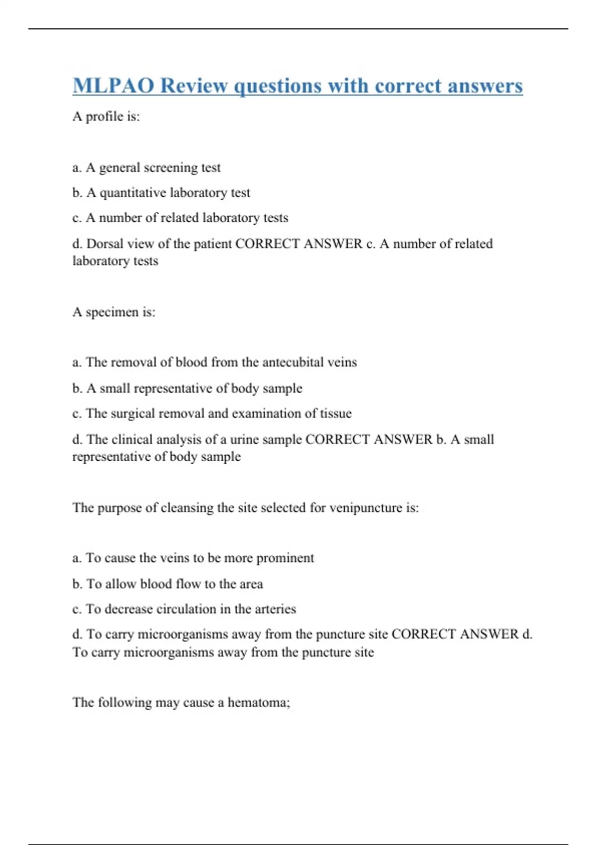 MLPAO Review questions with correct answers - MLPAO - Stuvia US