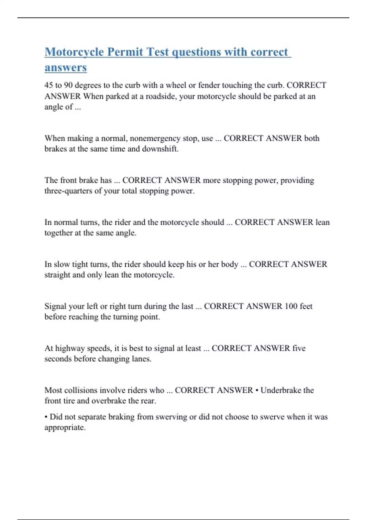 Motorcycle Permit Test questions with correct answers 1. - Dmv - Stuvia US