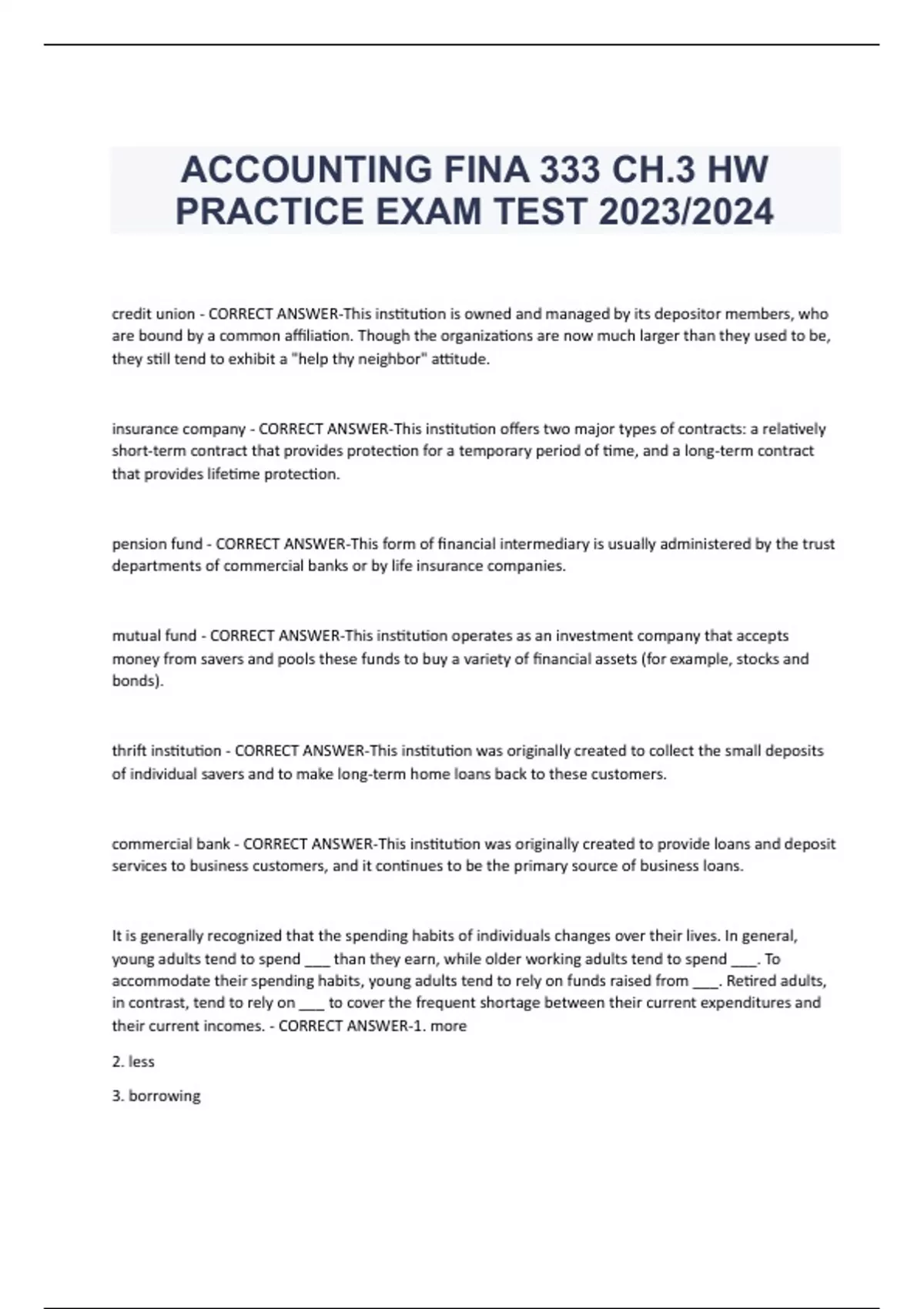 ACCOUNTING FINA 333 CH.3 HW PRACTICE EXAM TEST 2023/2024 credit union ...