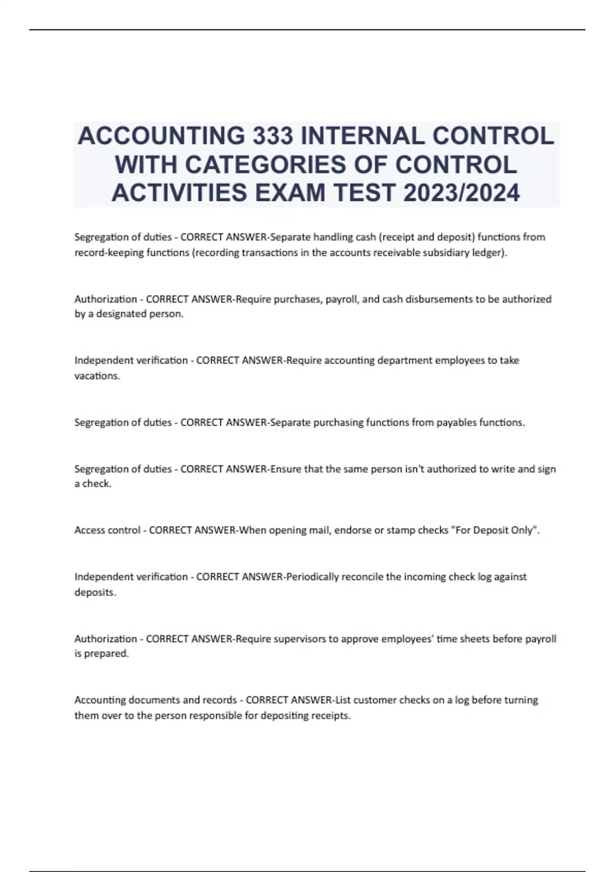 ACCOUNTING 333 INTERNAL CONTROL WITH CATEGORIES OF CONTROL ACTIVITIES ...