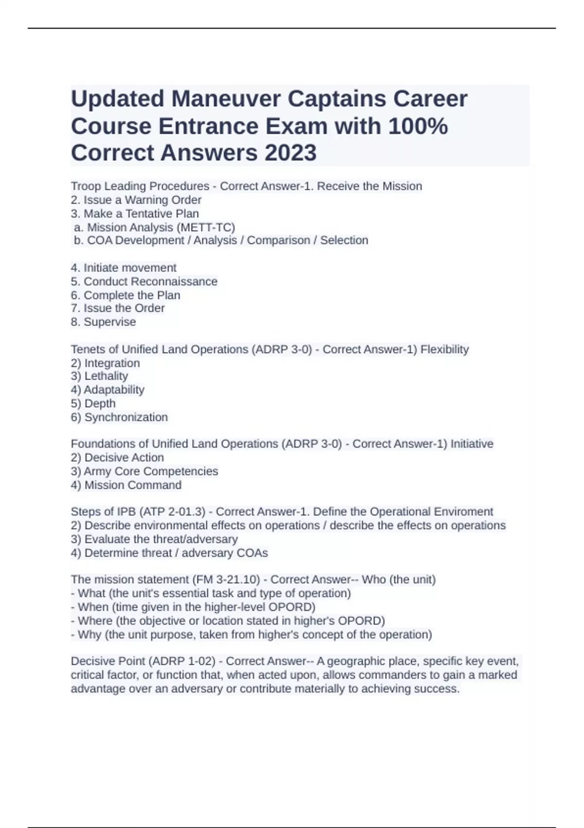 Updated Maneuver Captains Career Course Entrance Exam with 100% Correct ...