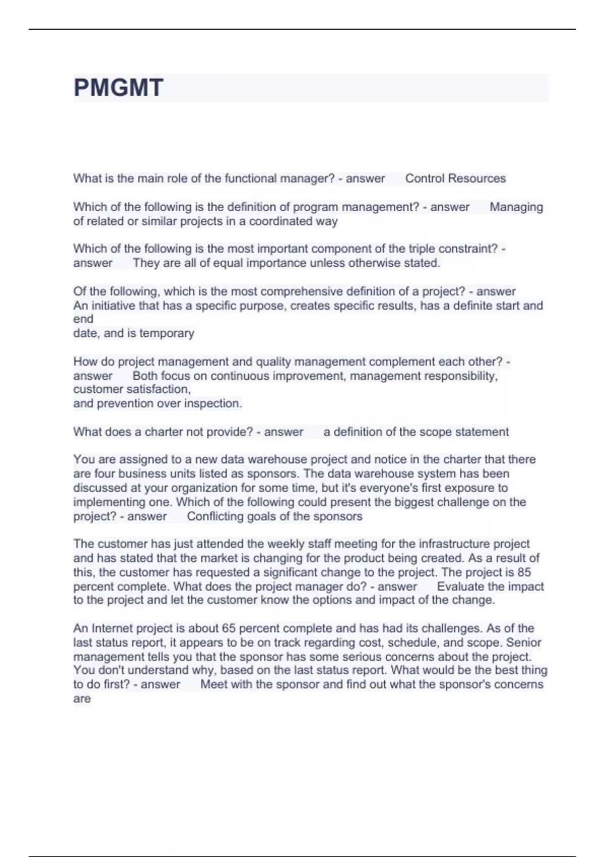 PMGMT Questions with solutions 2023 - PGMT - Stuvia US