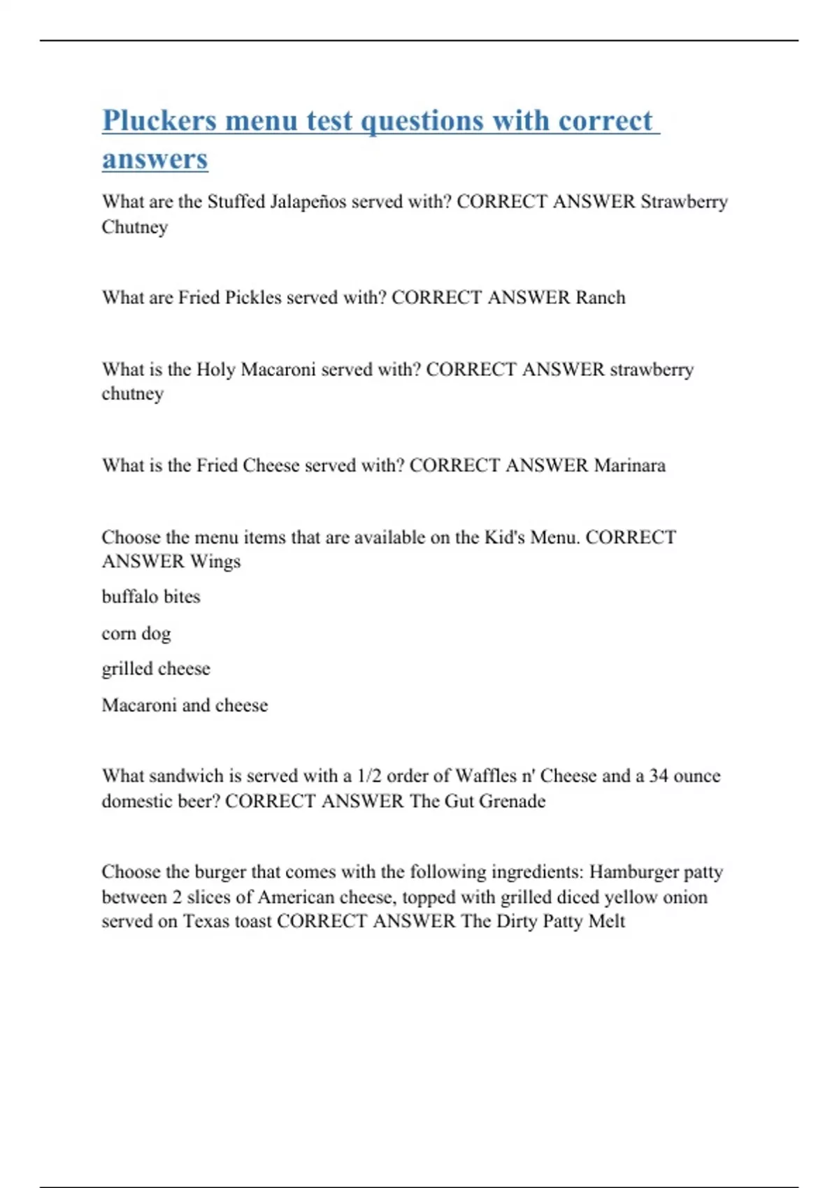 Pluckers menu test questions with correct answer1 - Pluckers - Stuvia US
