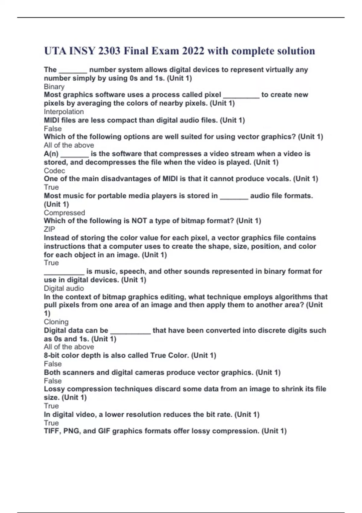 UTA INSY 2303 Final Exam 2022 with complete solution - UTA INSY 2303 - Stuvia US