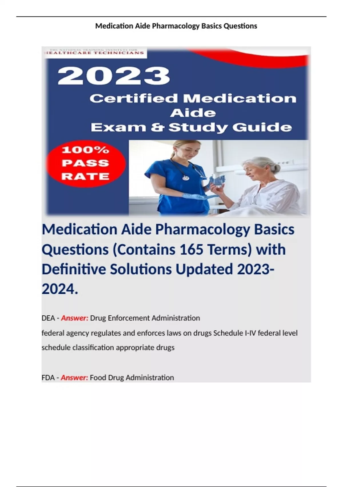 Medication Aide Pharmacology Basics Questions (Contains 165 Terms) with ...