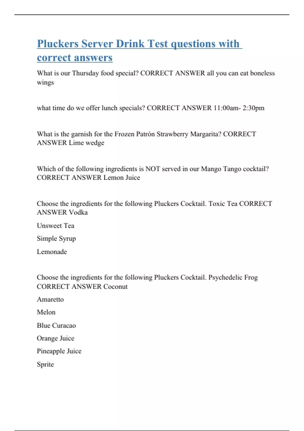 Pluckers Server Drink Test questions with correct answers - Pluckers ...