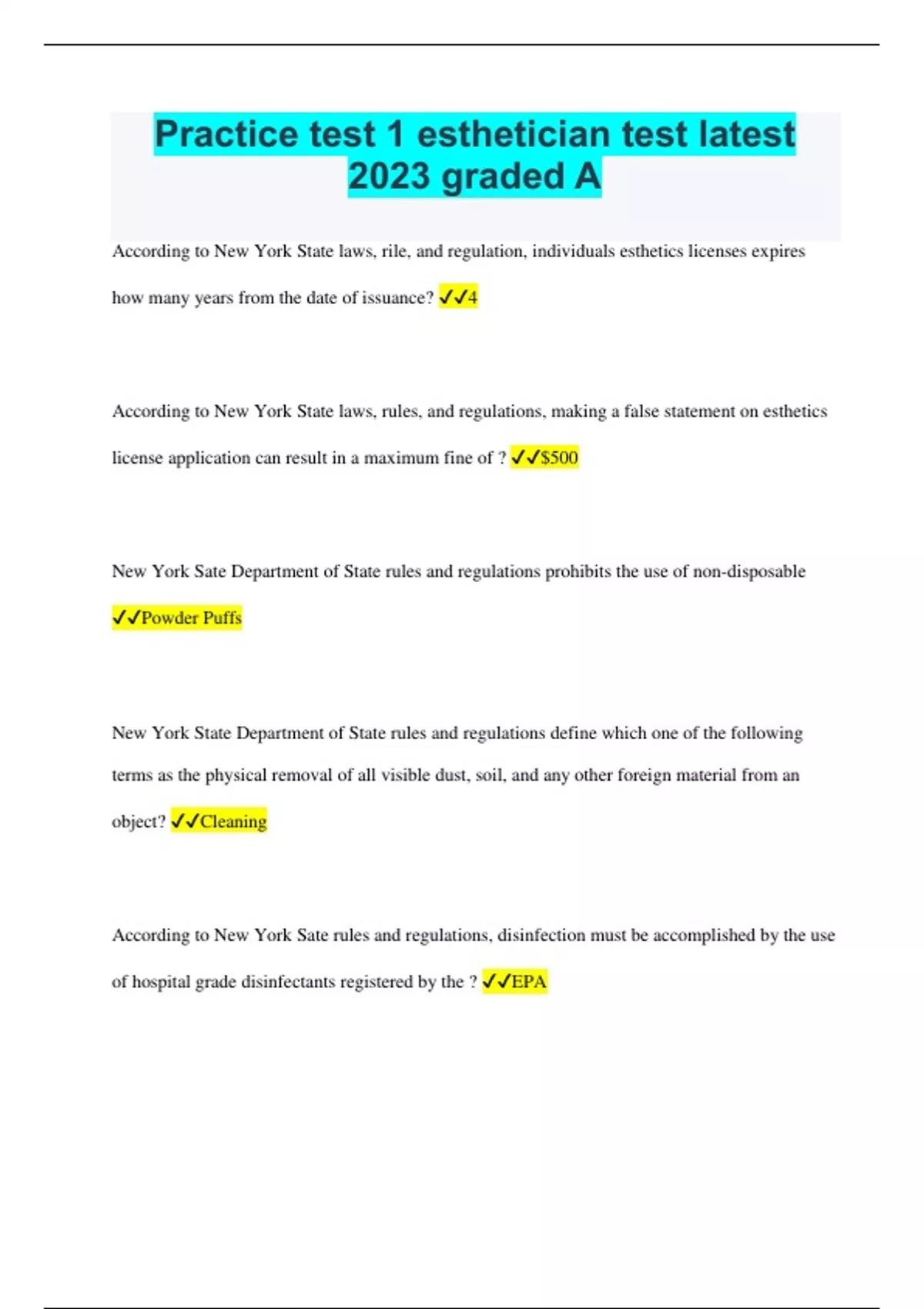 Practice test 1 esthetician test Questions with Correct Answers latest ...