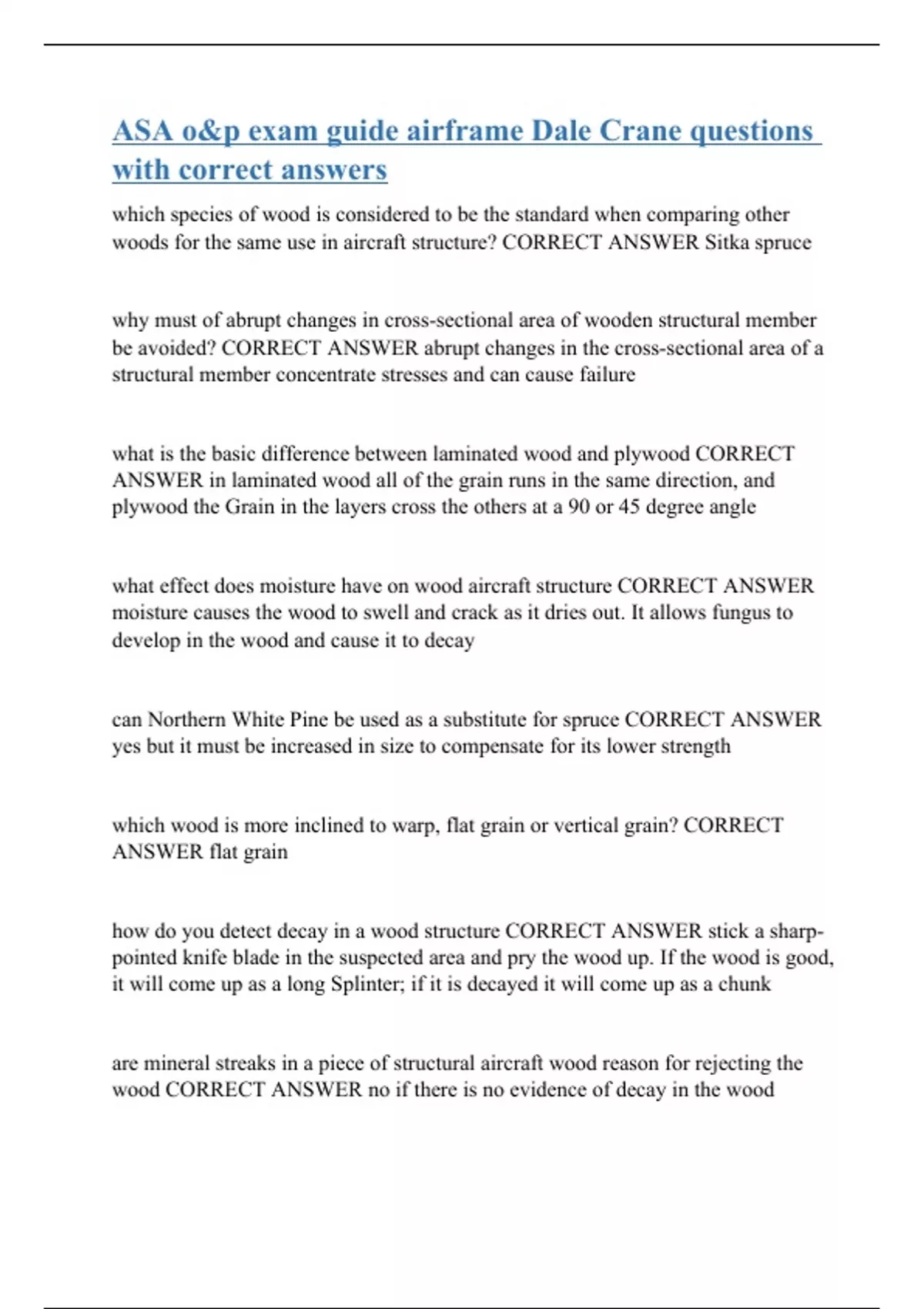 ASA o&p exam guide airframe Dale Crane questions with correct answers ...