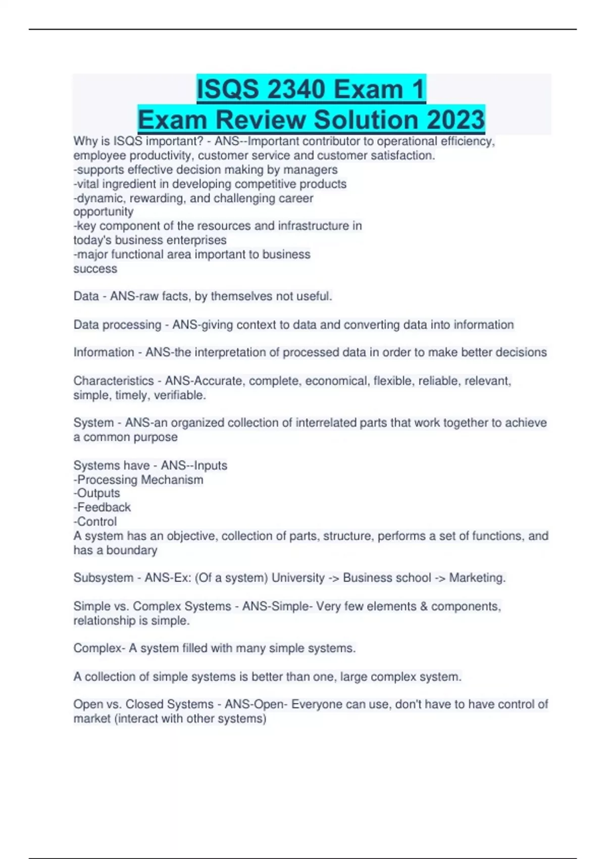 ISQS Lowell Lay Exam 2 Questions & Answers , ISQS 3344 EXAM 1 ...