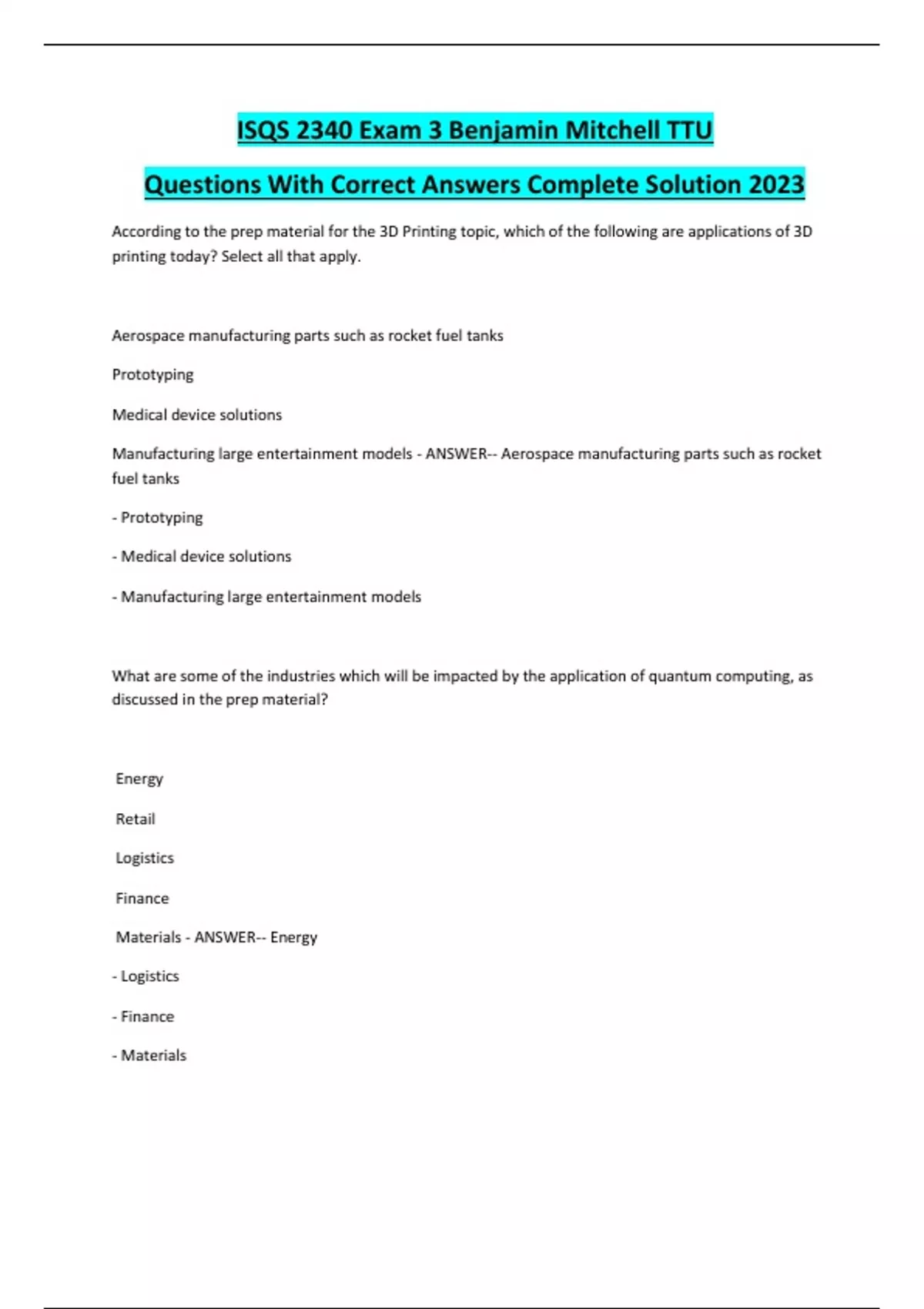 ISQS 2340 Exam 3 Benjamin Mitchell TTU Questions With Correct Answers ...