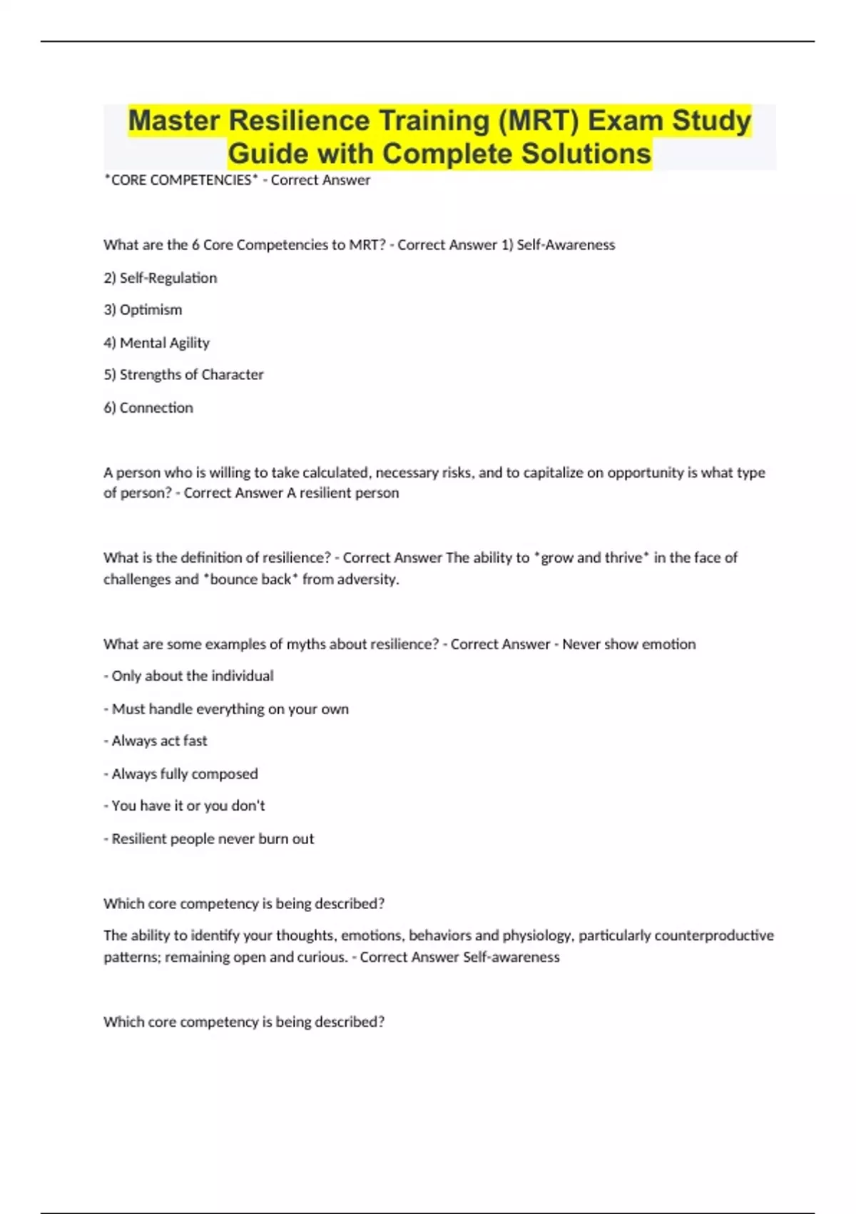 Master Resilience Training (MRT) Exam Study Guide with Complete ...