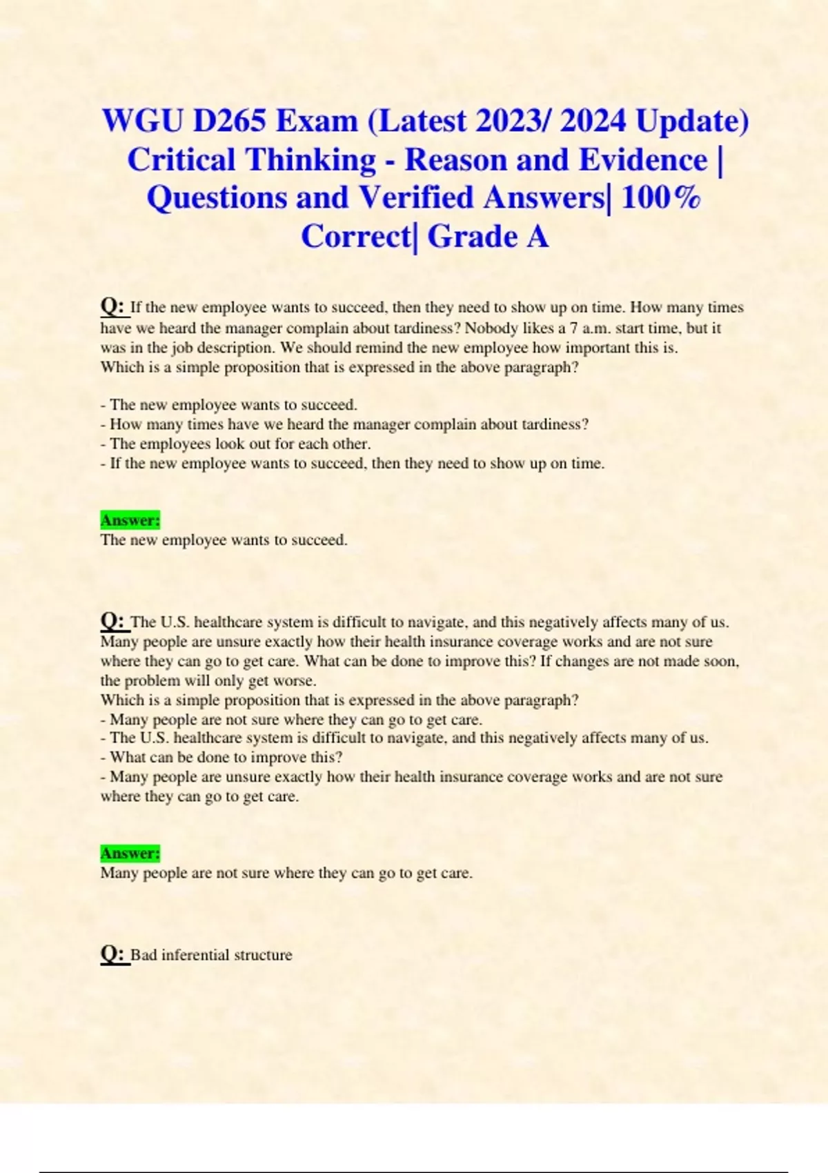 WGU D265 Exam (Latest 2023/ 2024 Update) Critical Thinking - Reason and ...