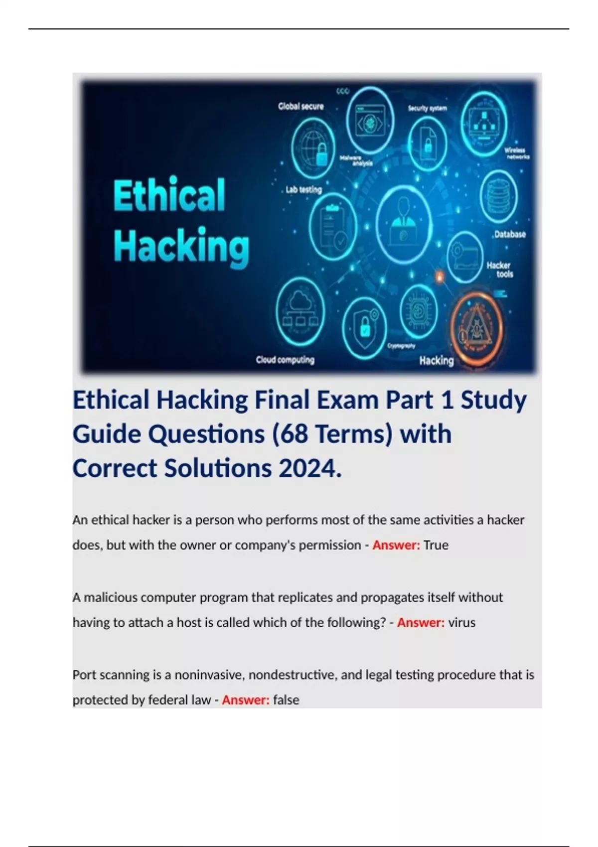 Ethical Hacking Final Exam Part 1 Study Guide Questions (68 Terms) with Correct Solutions 2024 ...
