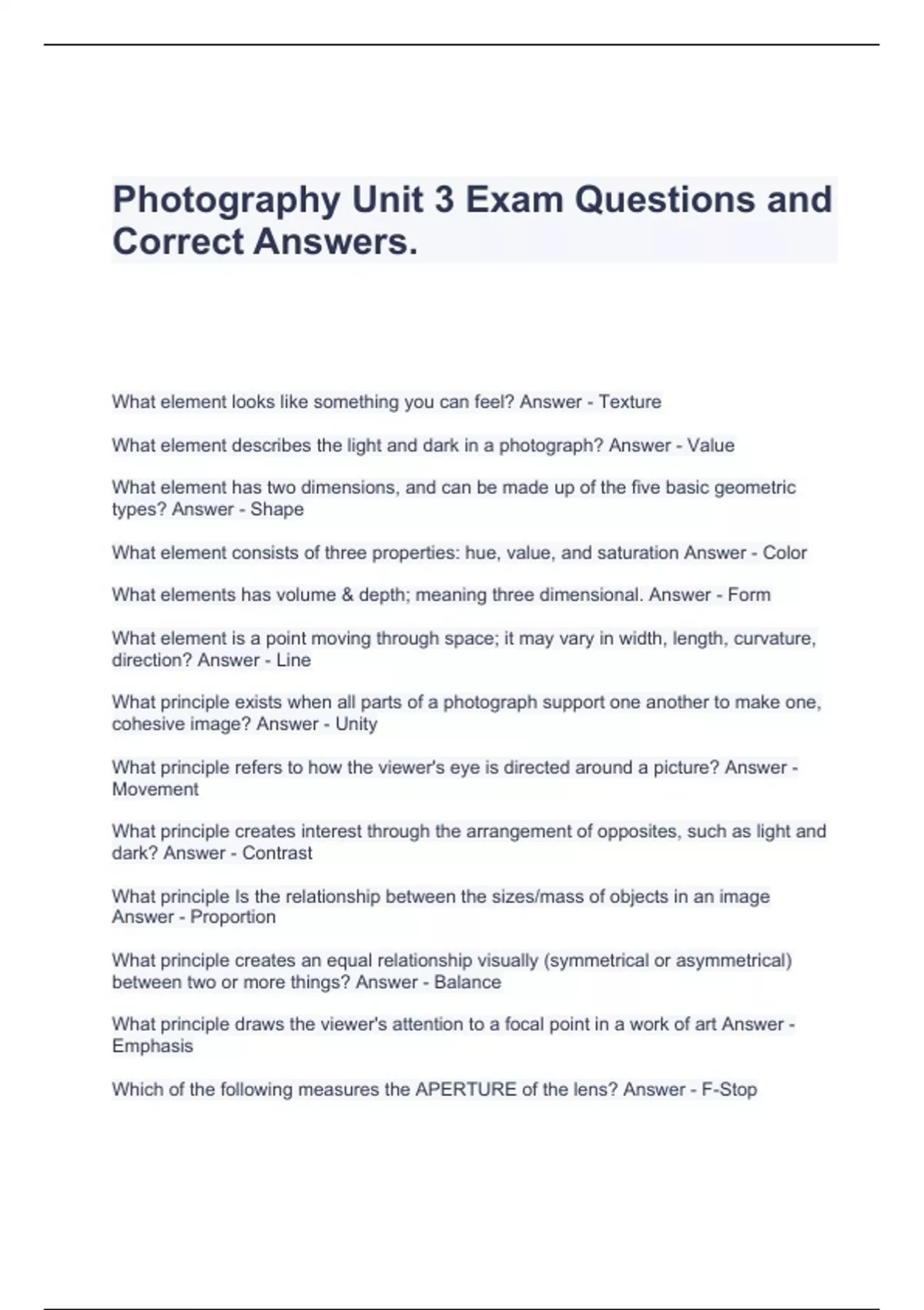 Photography Unit 3 Exam Questions and Correct Answers. - Photography ...
