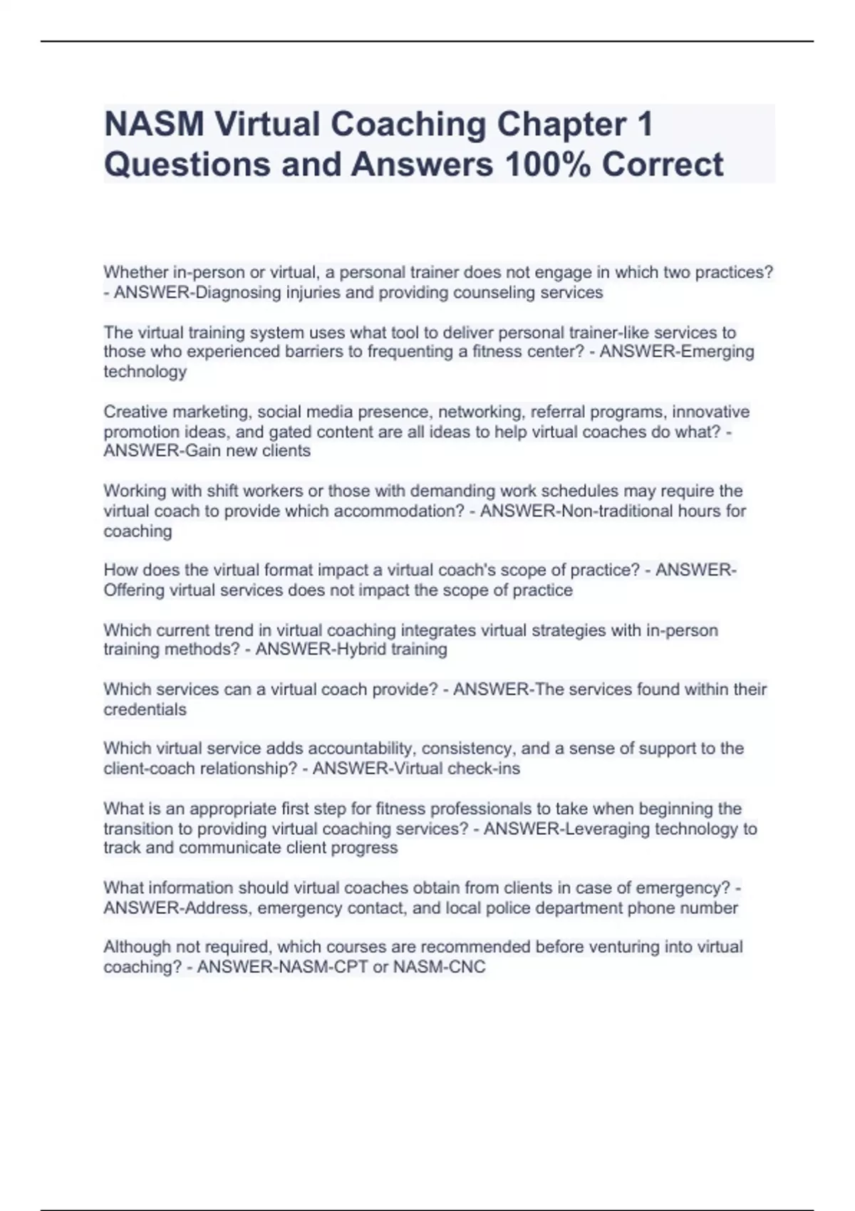 NASM Virtual Coaching Chapter 1 Questions and Answers 100% Correct - NASM Virtual Coaching ...