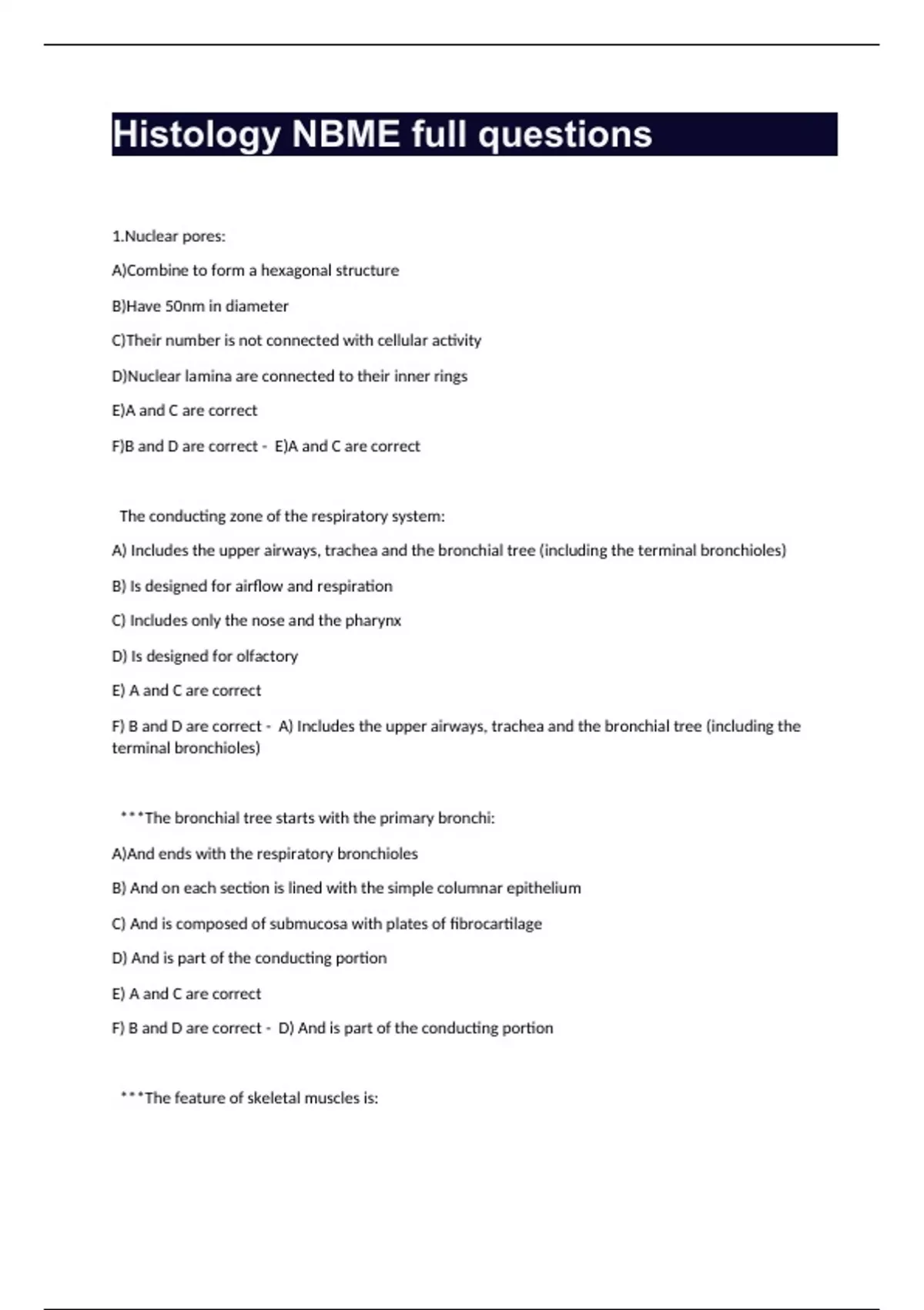Histology NBME full questions - Histology NBME - Stuvia US