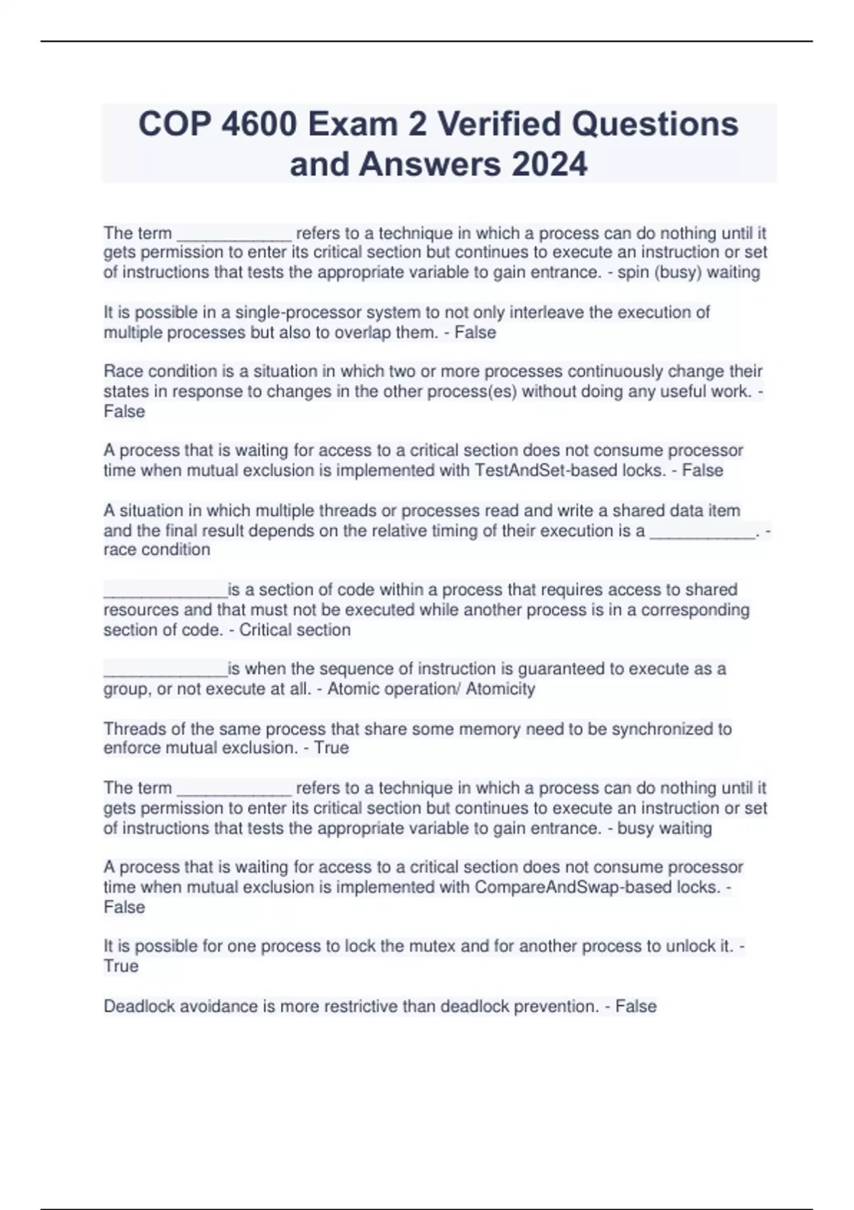 COP 4600 Exam 2 Verified Questions and Answers 2024 - COP 4600 - Stuvia US