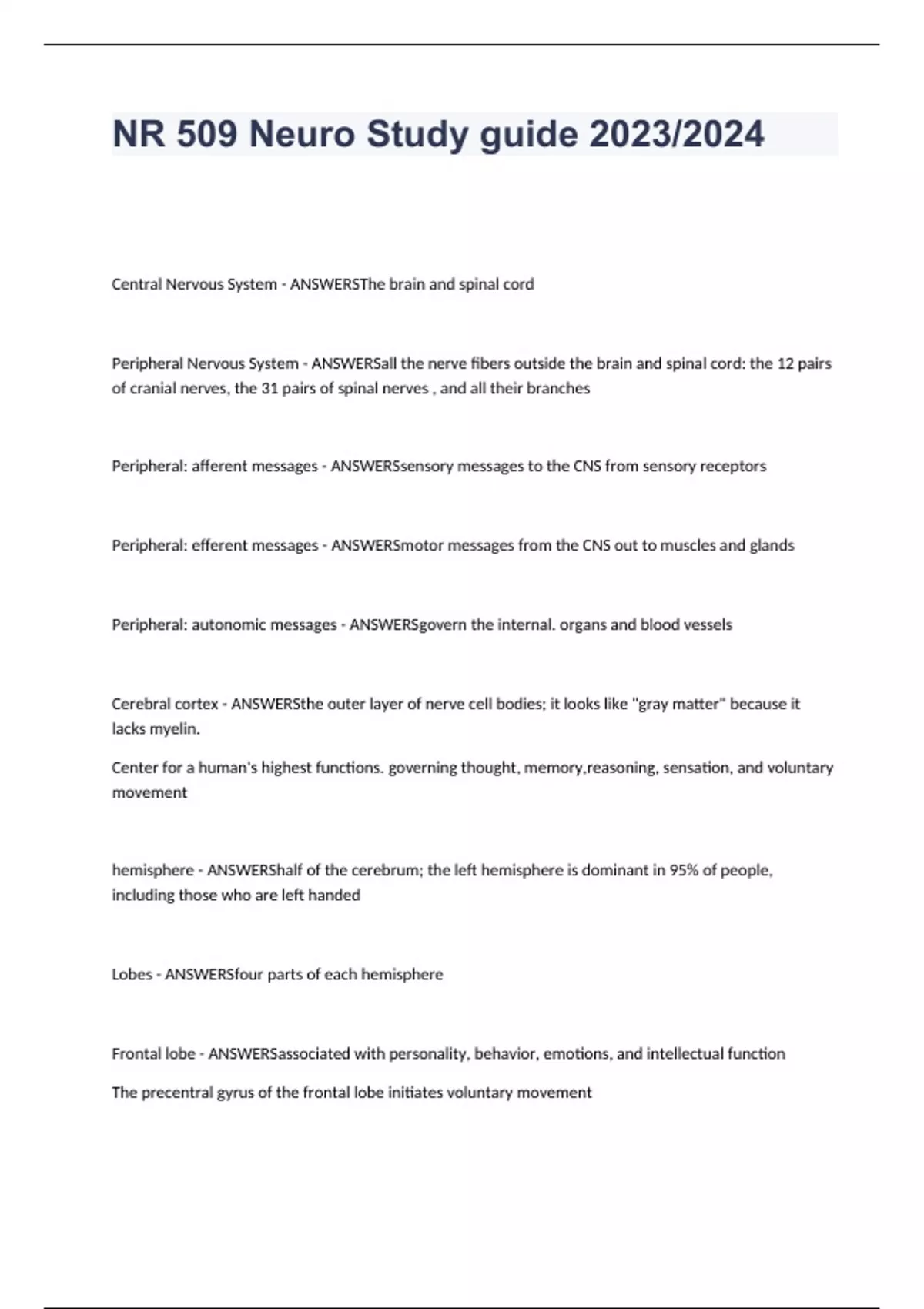 NR 509 Neuro Study guide 2023/2024 - NR 509 - Stuvia US