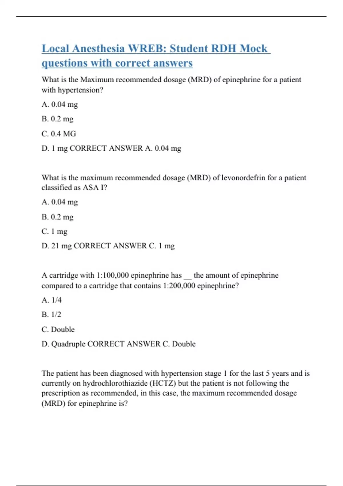 Local Anesthesia WREB Questions With Complete Solutions - WREB - Stuvia US