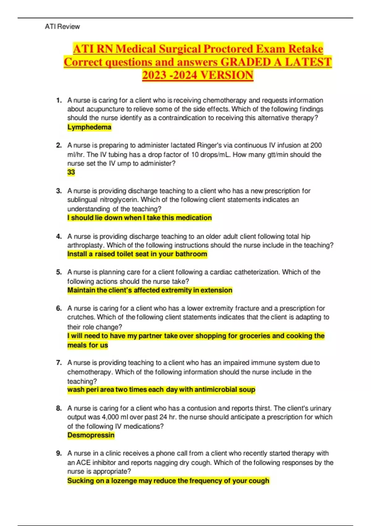 ATI RN Medical Surgical Proctored Exam Retake Correct questions and ...