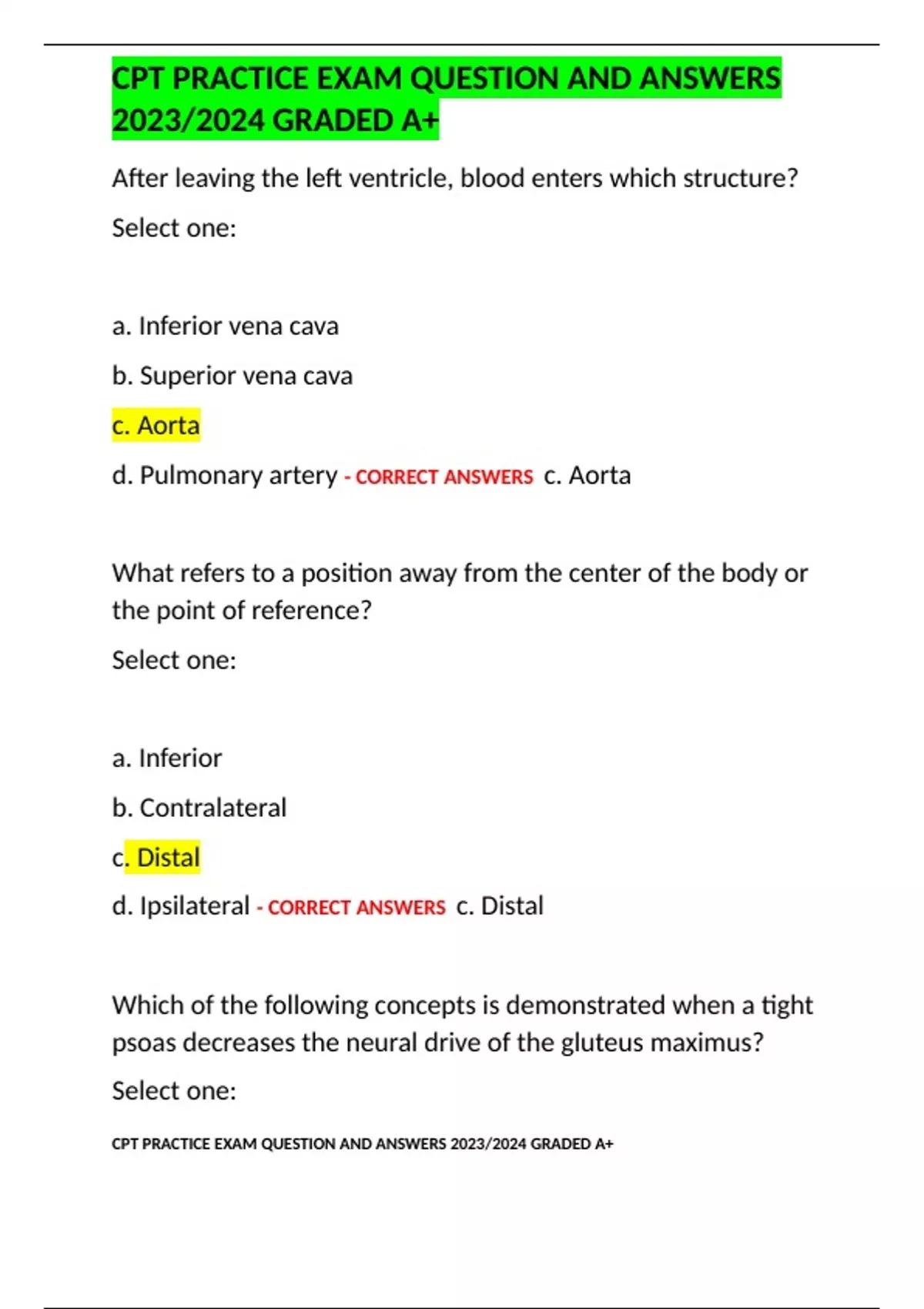 Summary CPT PRACTICE EXAM QUESTION AND ANSWERS 2023/2024 GRADED A+ ...