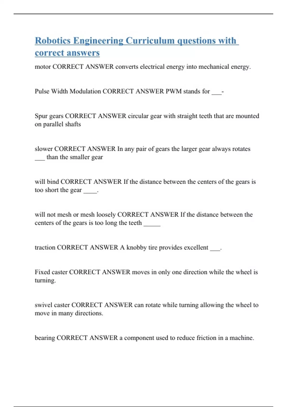 Robotics Engineering Curriculum questions with correct answers - Modern ...