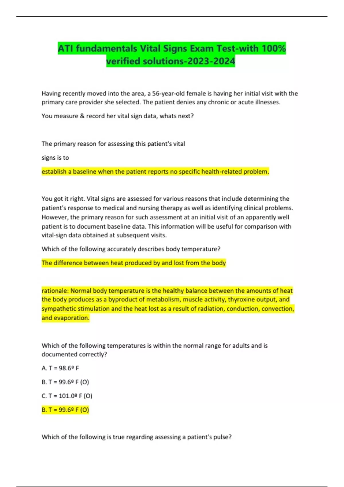 ATI fundamentals Vital Signs Exam Test-with 100% verified solutions ...