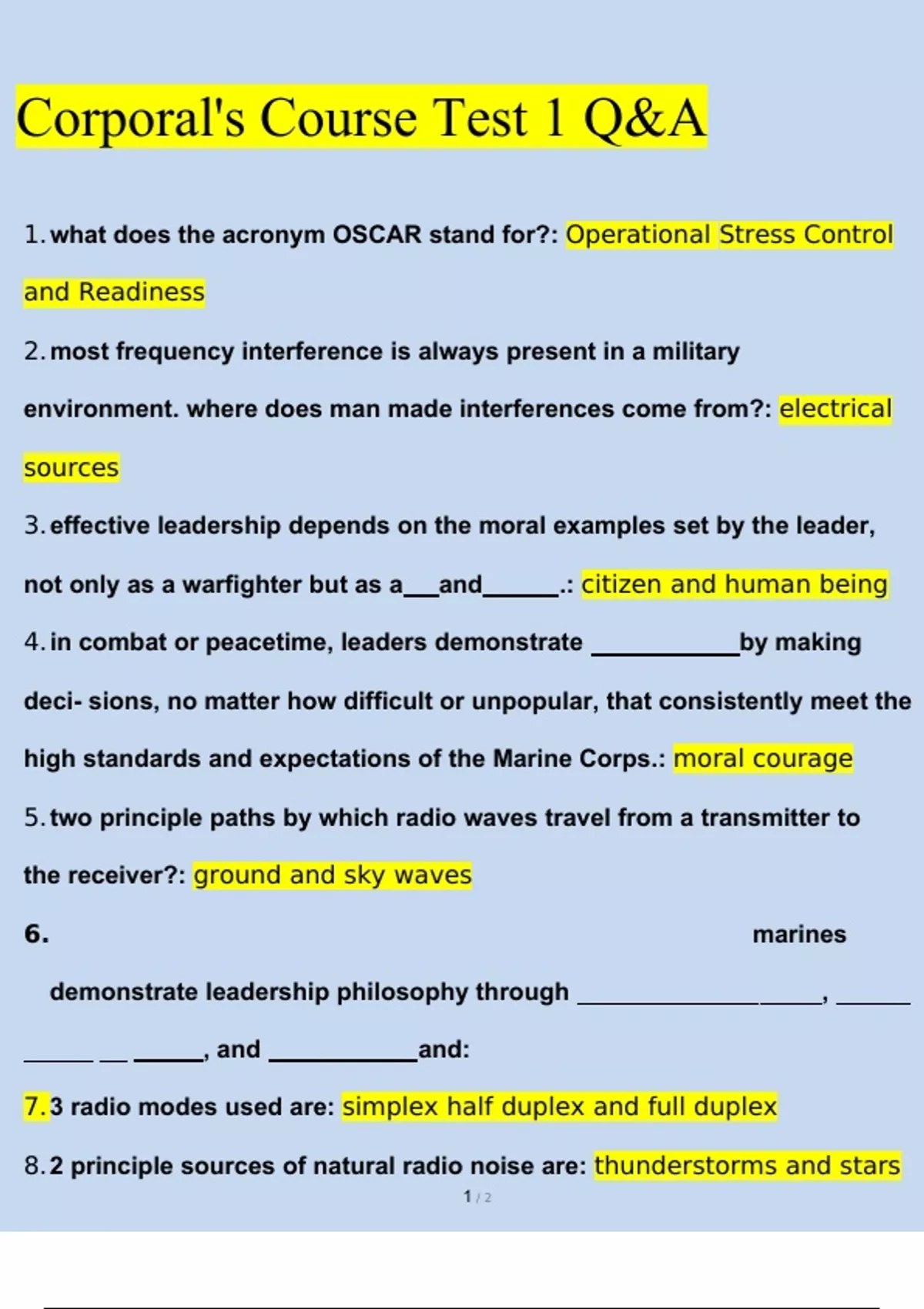 Corporal Course Test 1 All Bundled Cpls Course Exam 1 Questions And Answers 100 Correct