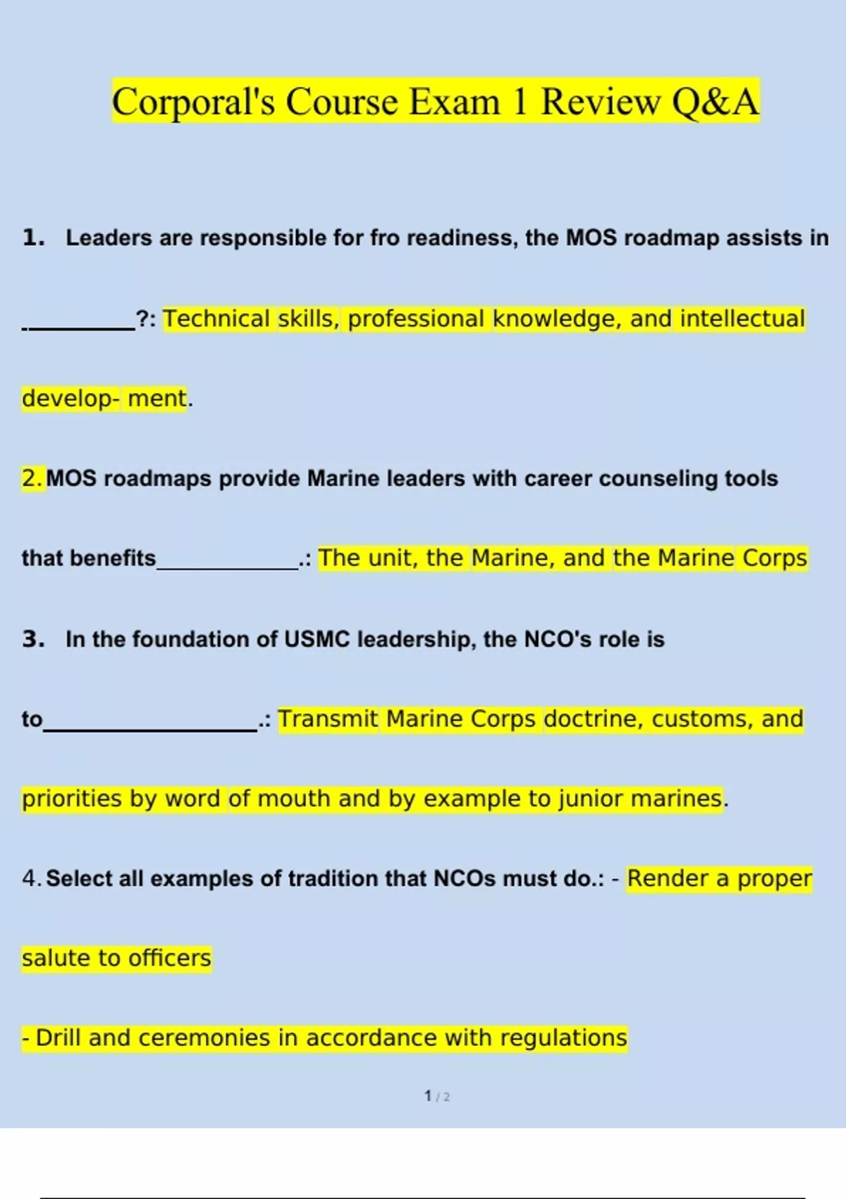 Corporals Course Exam 1 Review Questions And Answers 2023 2024 Verified Answers Corporals
