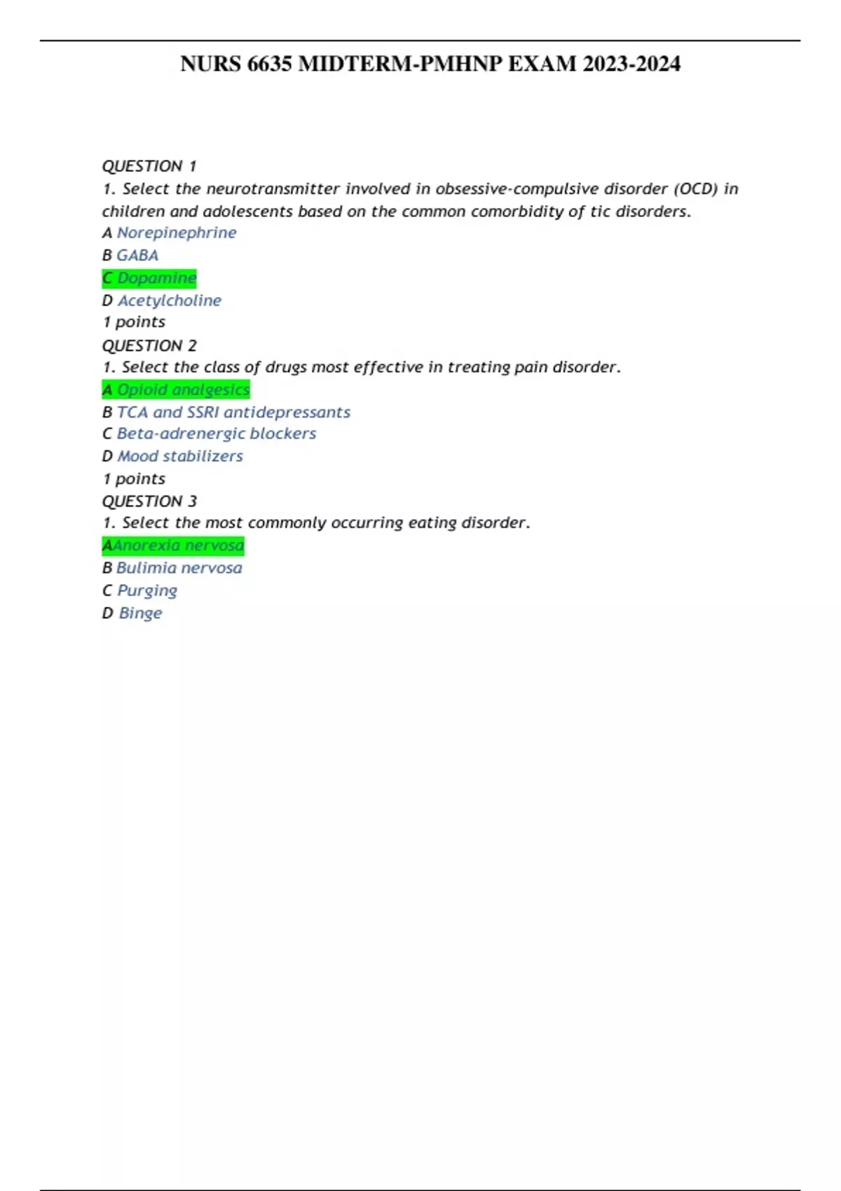 NURS 6635 MIDTERM PMHNP EXAM . - Nursing assessment - Stuvia US