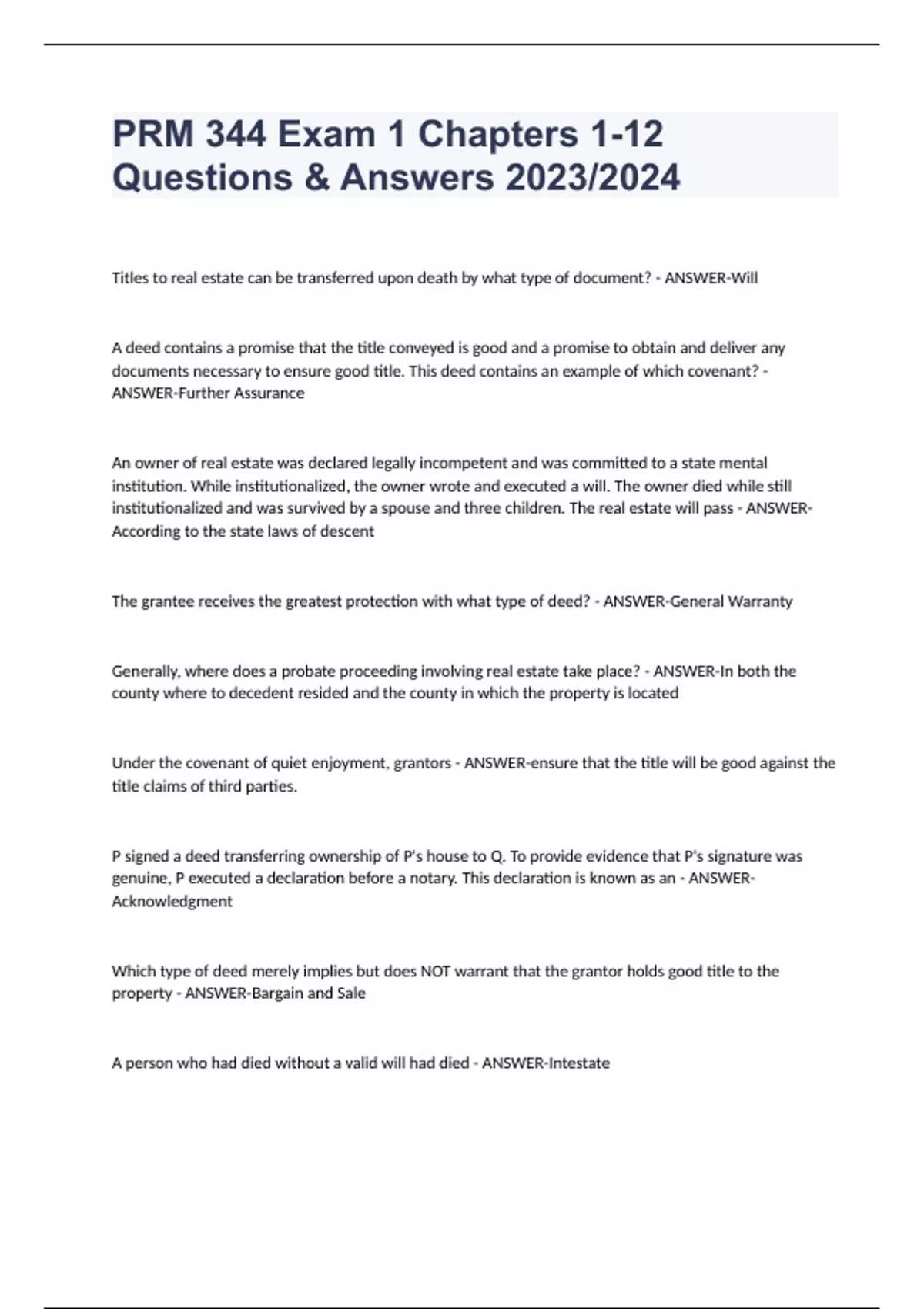 PRM 344 Exam 1 Chapters 1-12 Questions & Answers 2023/2024 - PRM 344 ...