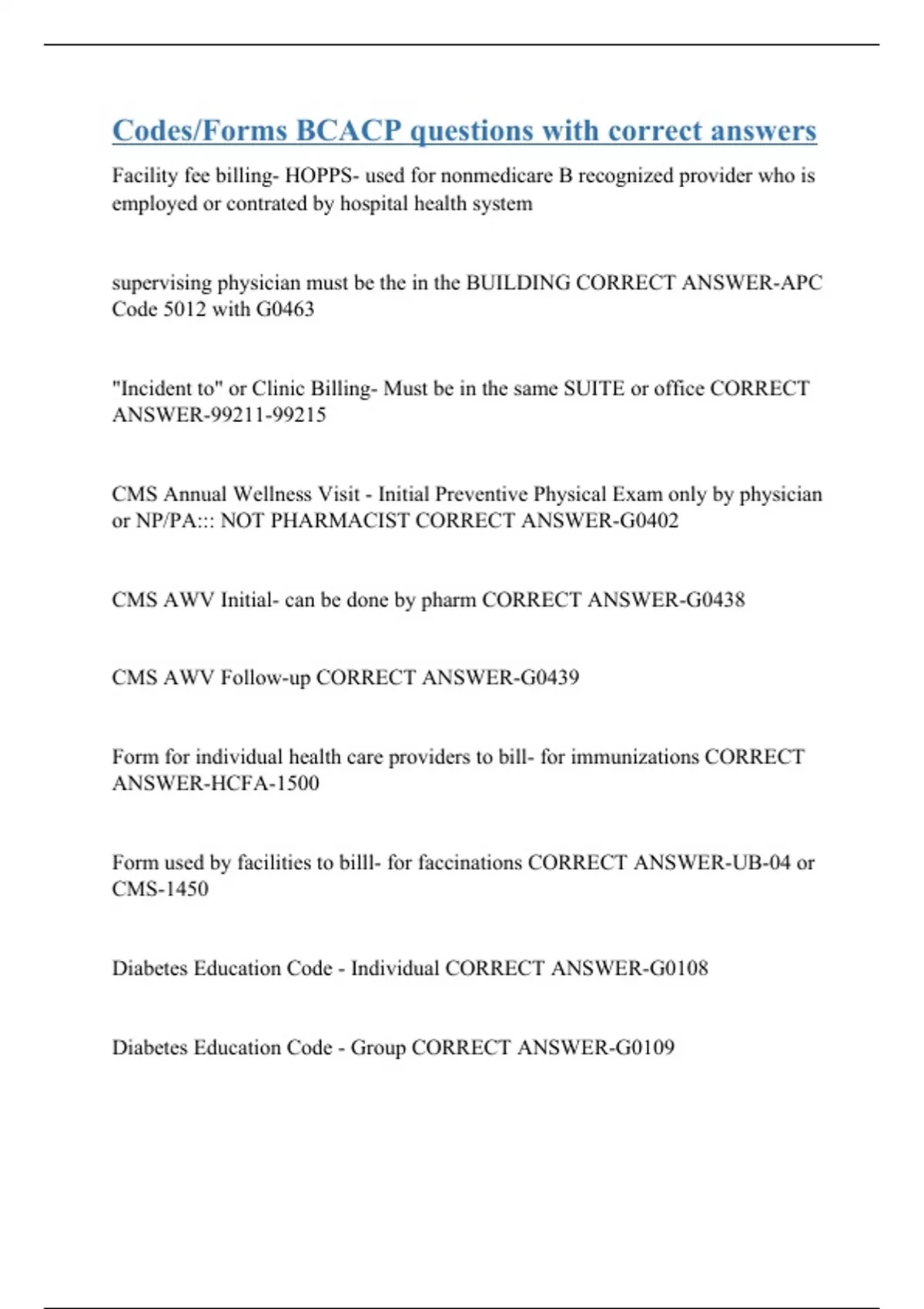 Codes/Forms BCACP questions with correct answers - Codes/Forms BCACP - Stuvia US