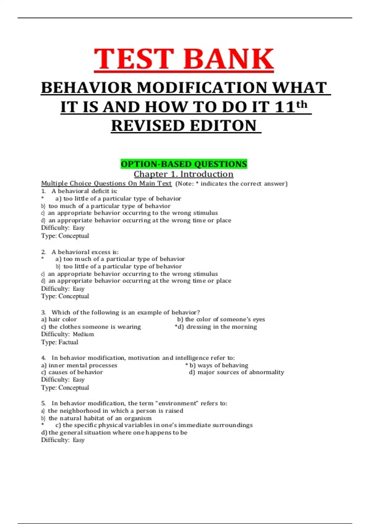 TEST BANK BEHAVIOR MODIFICATION WHAT IT IS AND HOW TO DO IT 11th ...