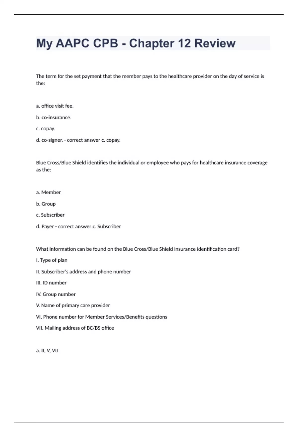 My AAPC CPB - Chapter 12 Review 2023/2024 updated to pass - AAPC CPB - Stuvia US