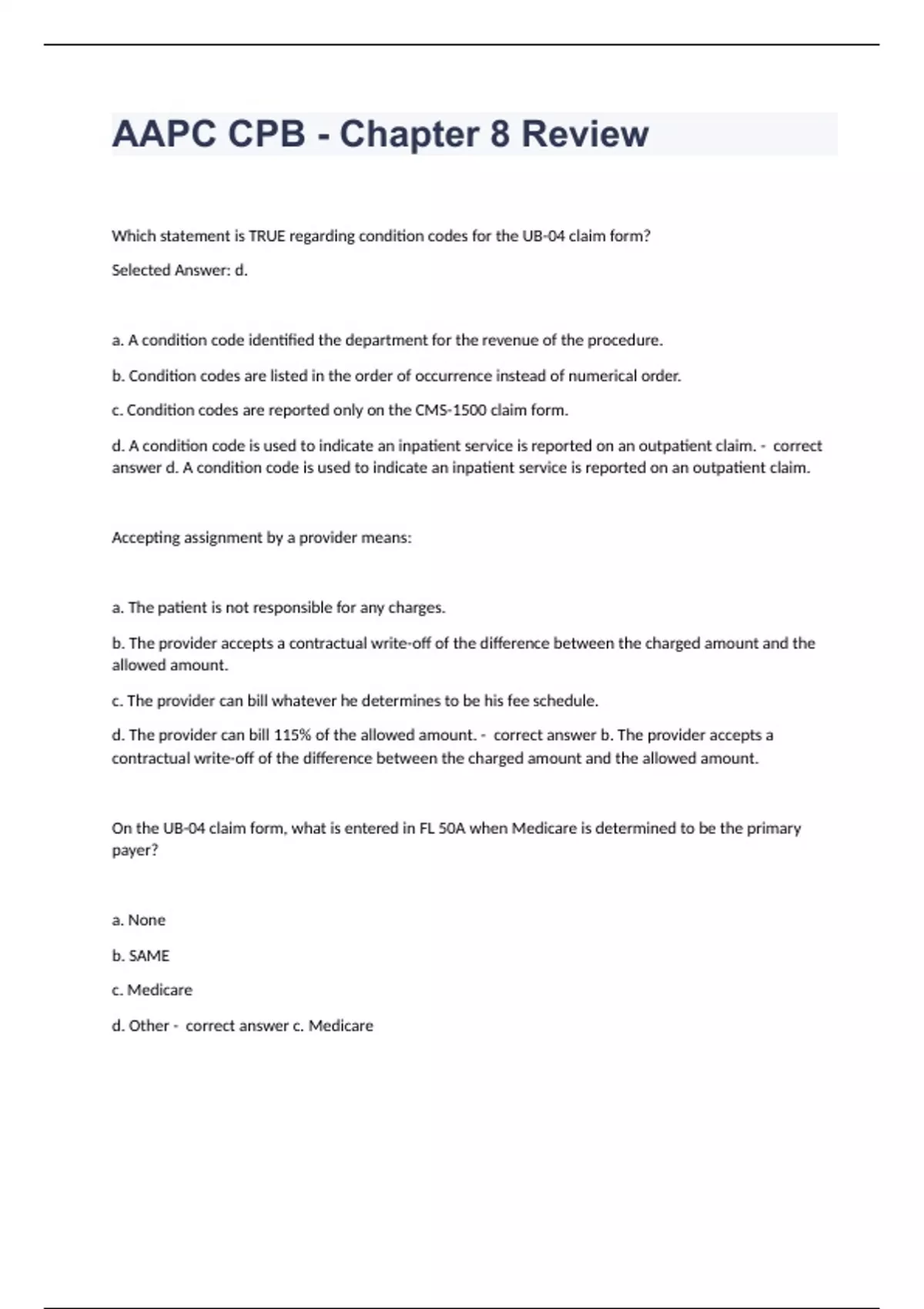 AAPC CPB - Chapter 8 Review 2023/2024 already passed - AAPC CPB - Stuvia US