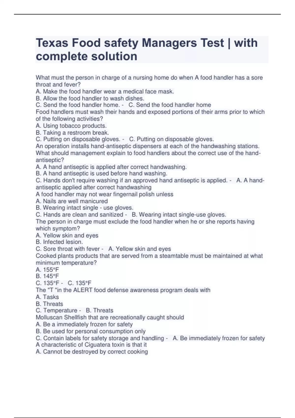 Texas Food safety Managers Test | with complete solution - Texas Food ...