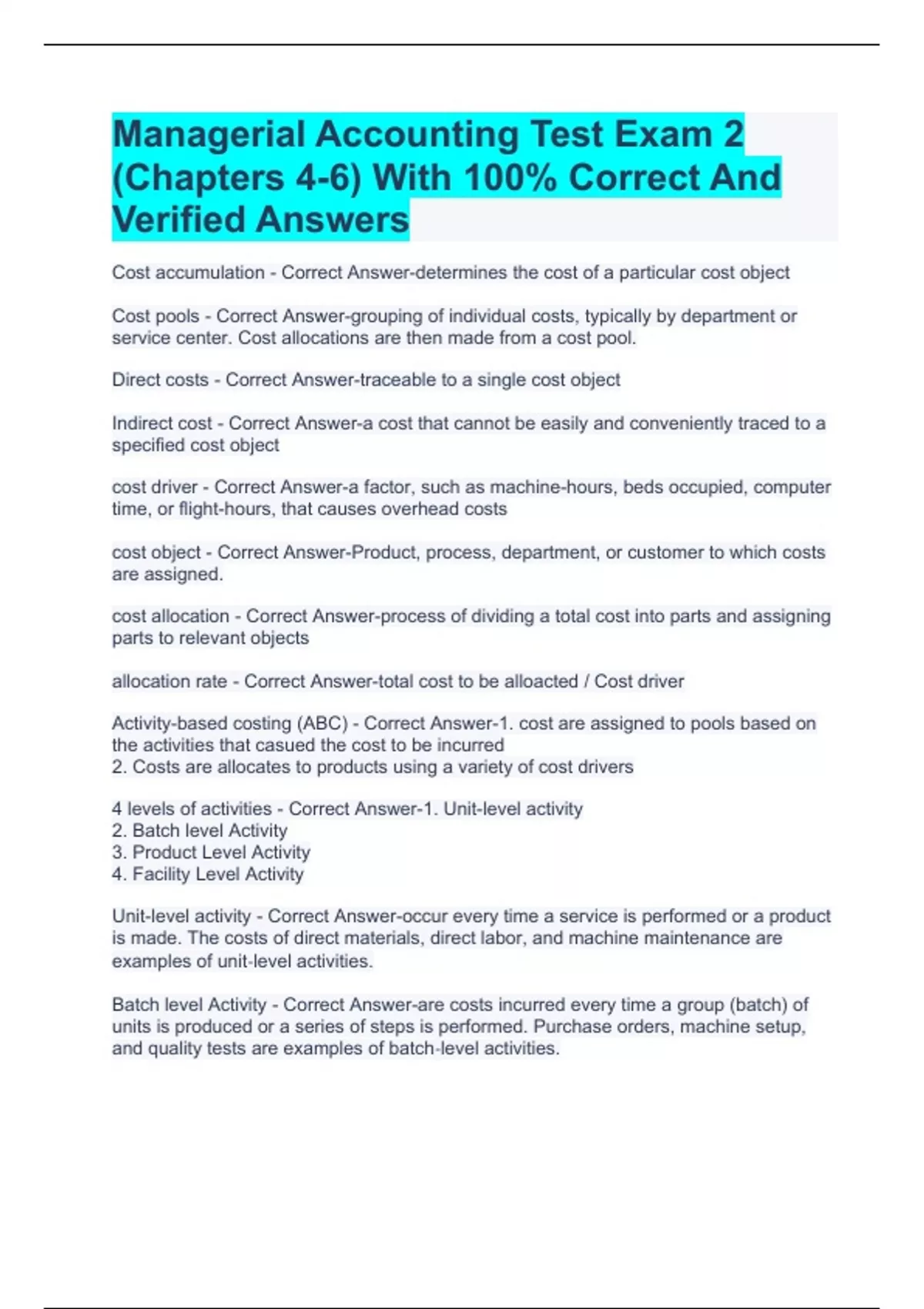 Managerial Accounting Test Exam 2 (Chapters 4-6) With 100% Correct And ...