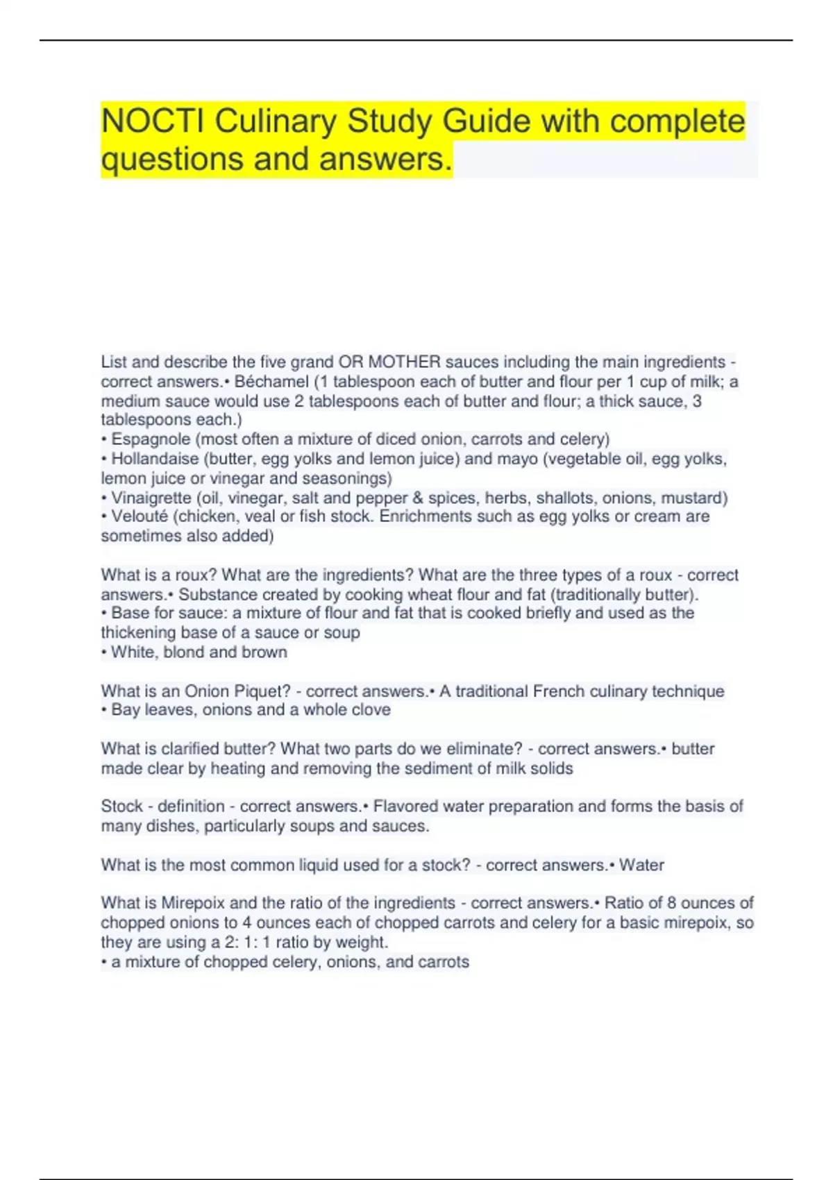 NOCTI Culinary Study Guide with complete questions and answers. - NOCTI ...