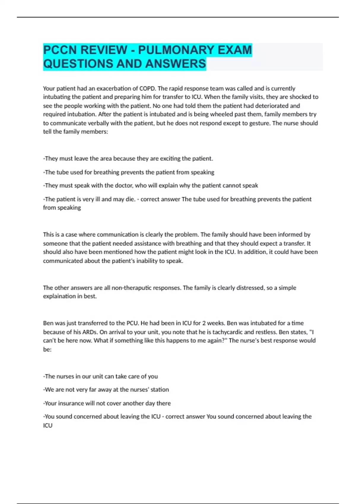 PCCN REVIEW - PULMONARY EXAM QUESTIONS AND ANSWERS - PCCN Certification ...