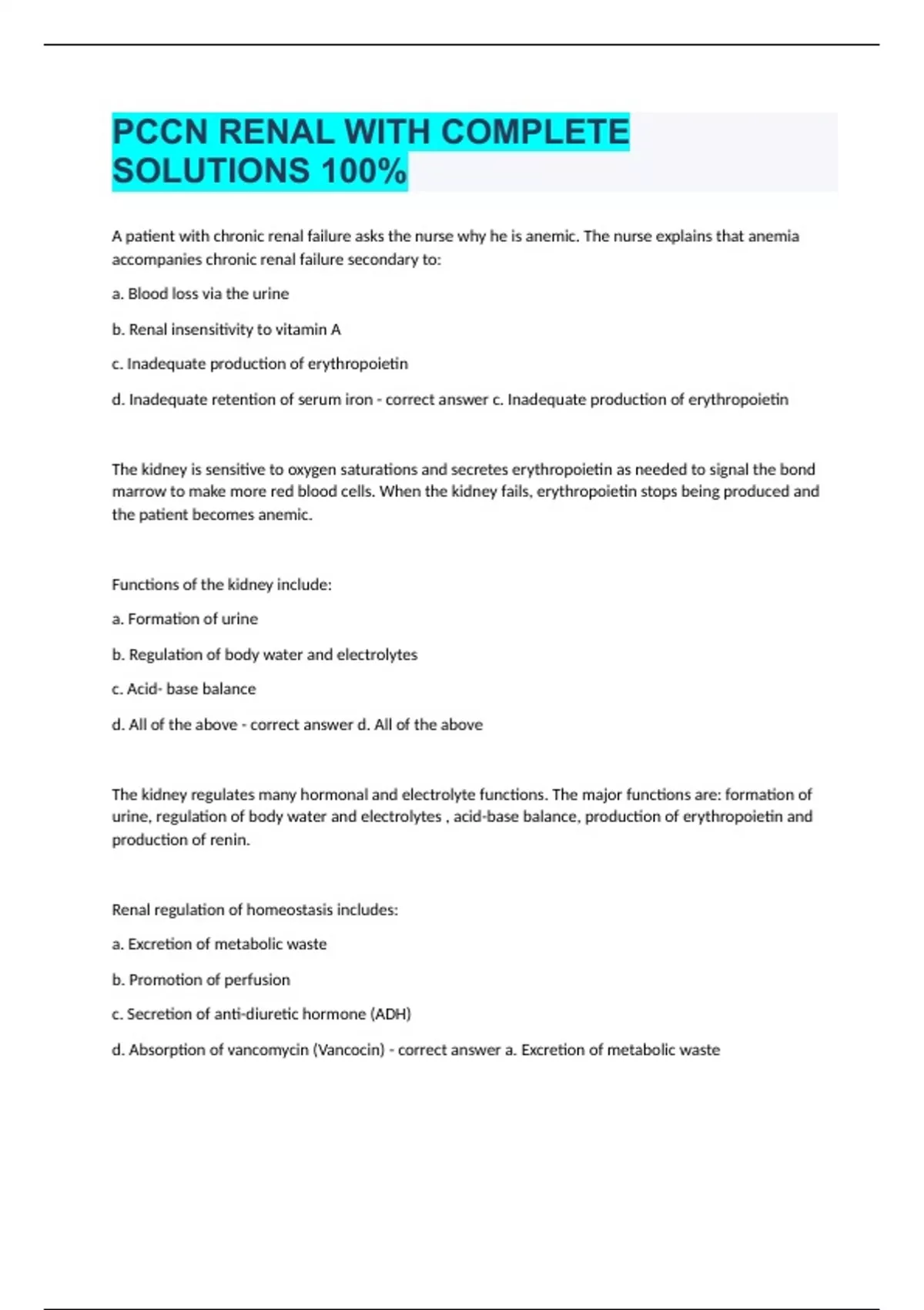 PCCN RENAL WITH COMPLETE SOLUTIONS 100% - PCCN Certification Prep ...