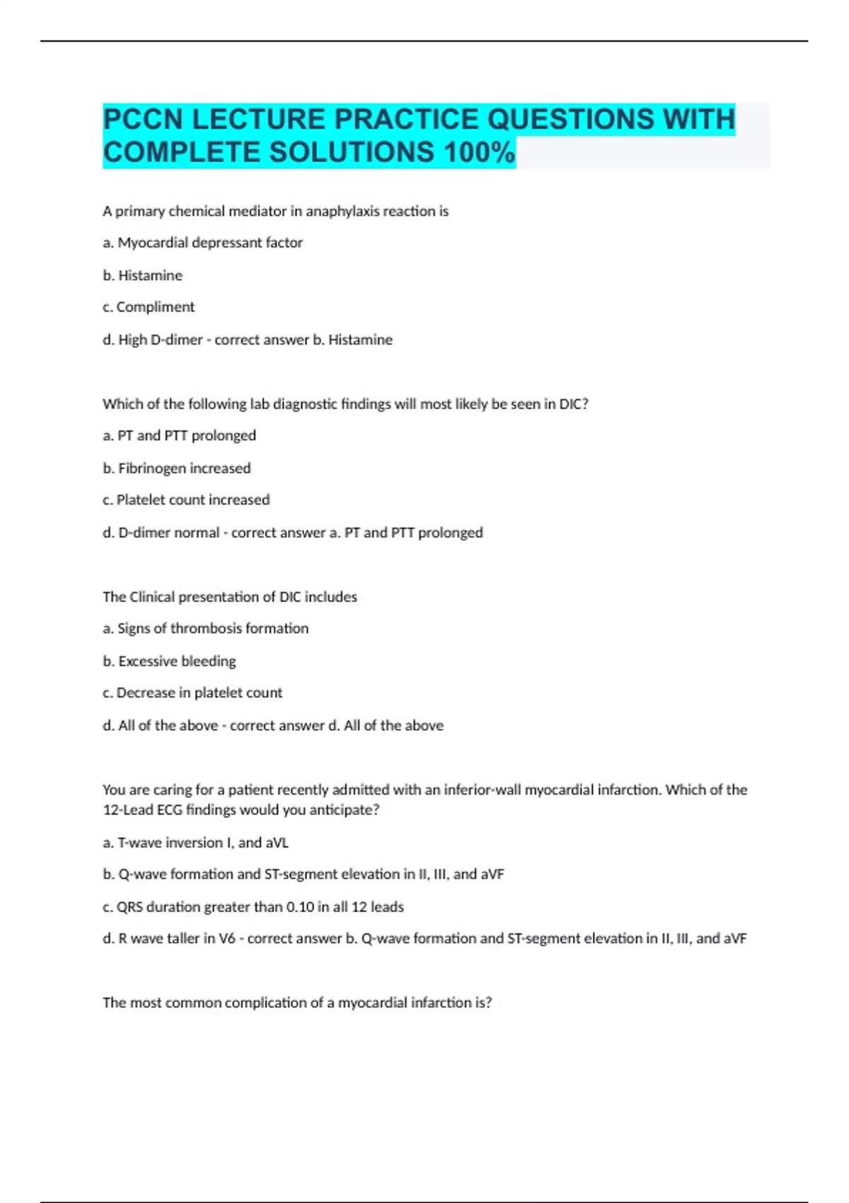 PCCN LECTURE PRACTICE QUESTIONS WITH COMPLETE SOLUTIONS 100%PCCN LECTURE PRACTICE QUESTIONS WITH ...