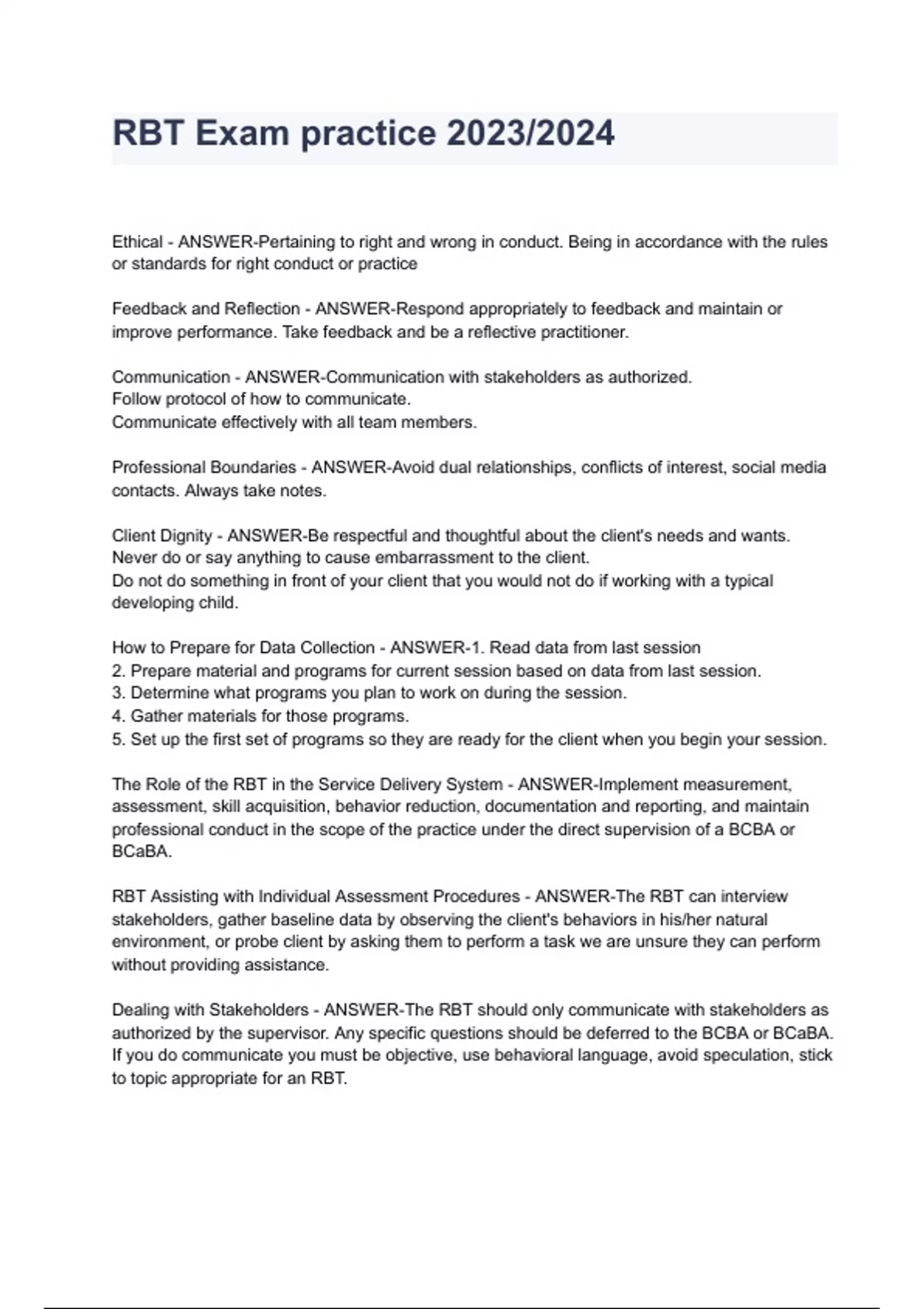 RBT Exam practice 2023/2024 - RBT Ex practice 2023/2024 - Stuvia US