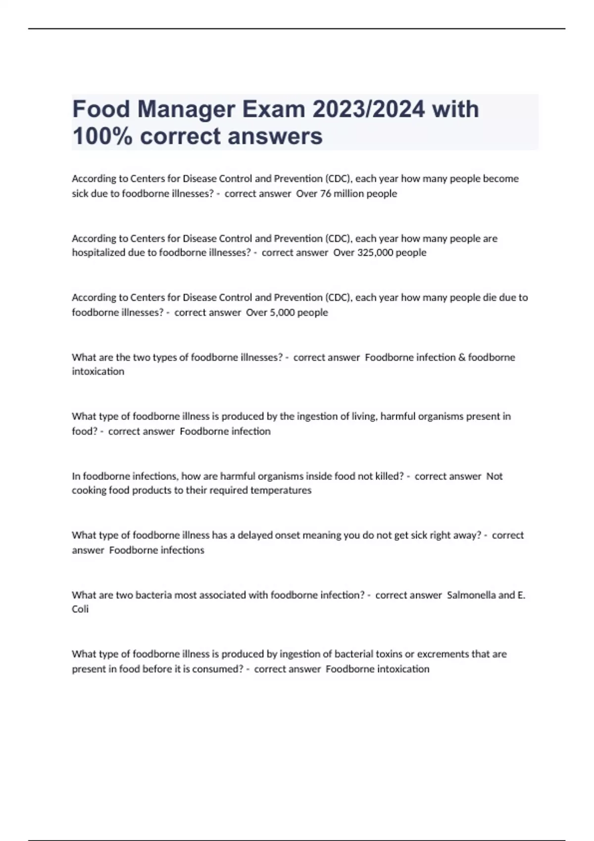 Food Manager Exam 2023/2024 with 100% correct answers - Food Manager ...