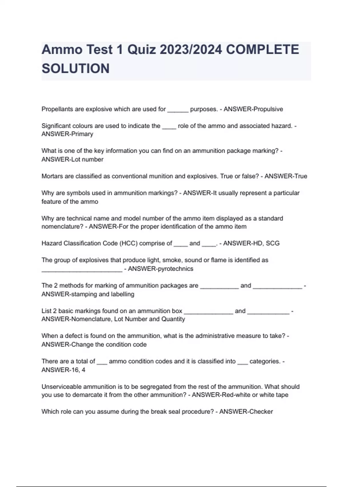 Ammo Test 1 Quiz 2023/2024 COMPLETE SOLUTION - Ammo Tes1 Qu2023/2024 ...