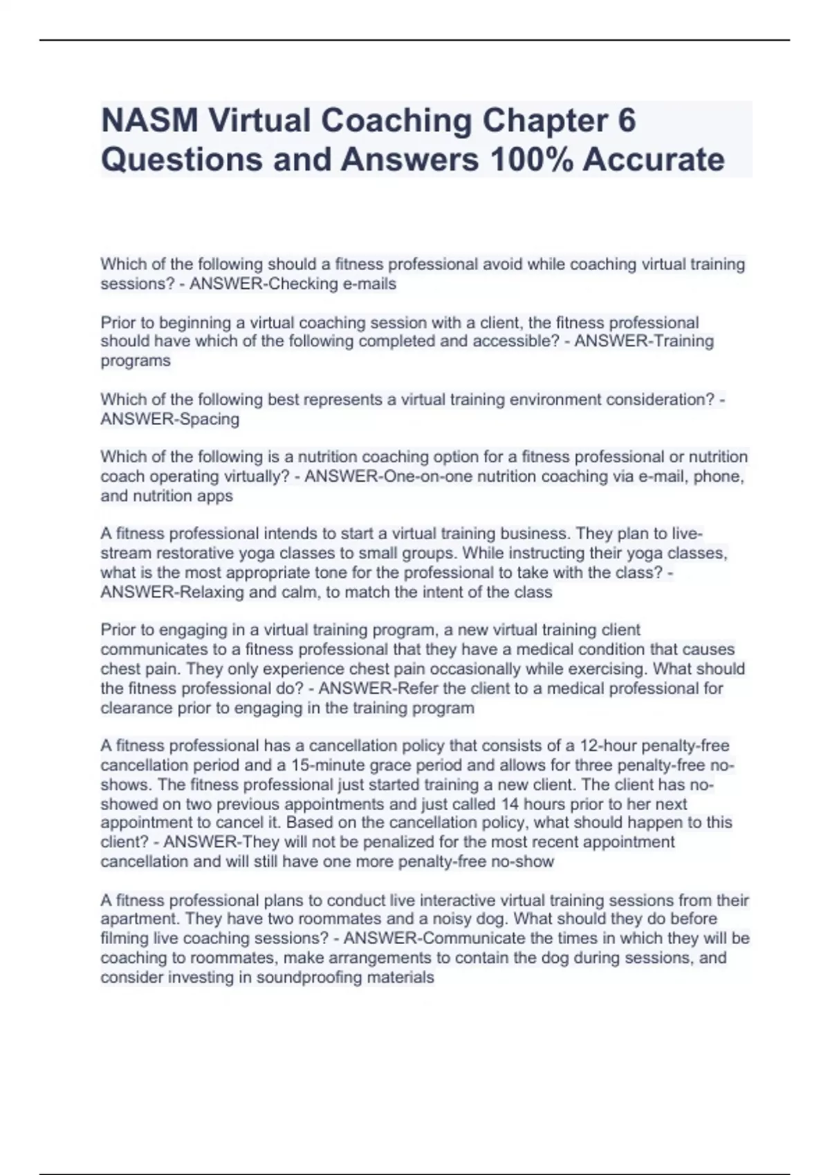 NASM Virtual Coaching Chapter 6 Questions and Answers 100% Accurate - NASM Virtual Coaching ...