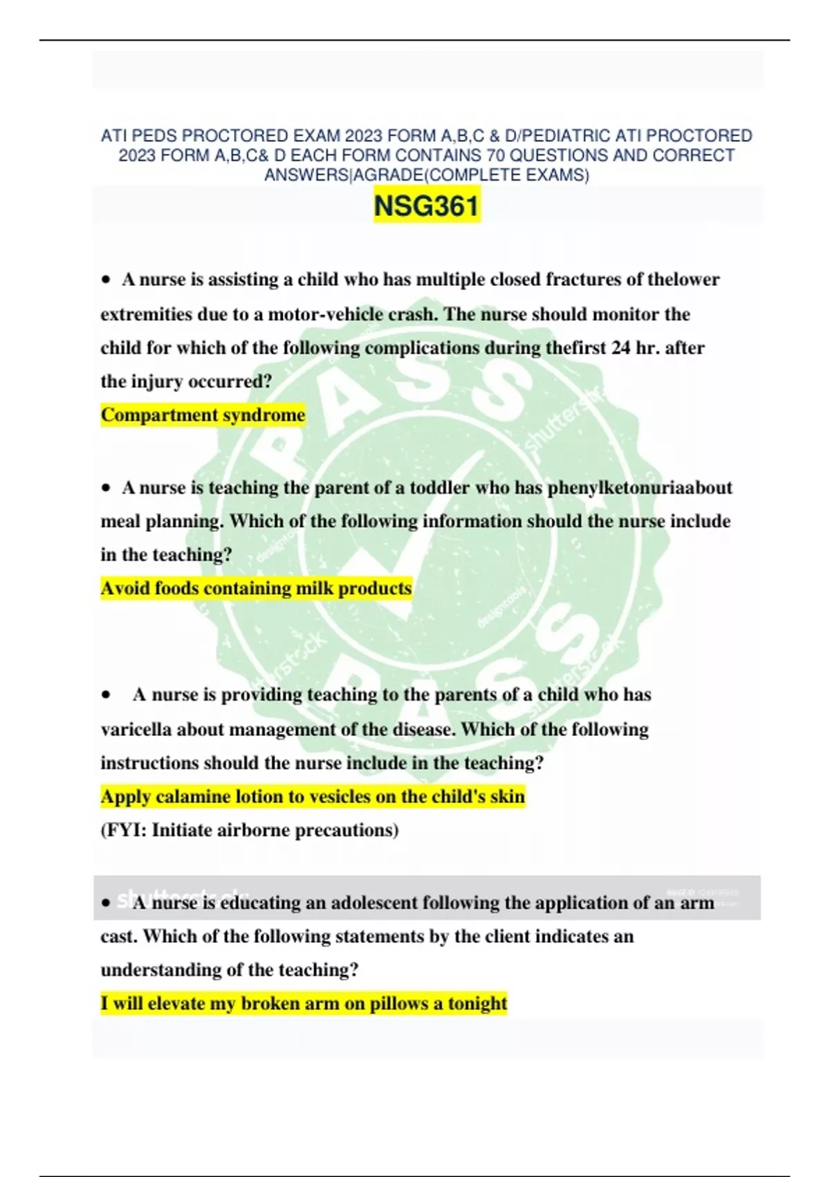 ATI PEDS PROCTORED EXAM 2023 FORM A,B,C & D/PEDIATRIC ATI PROCTORED ...