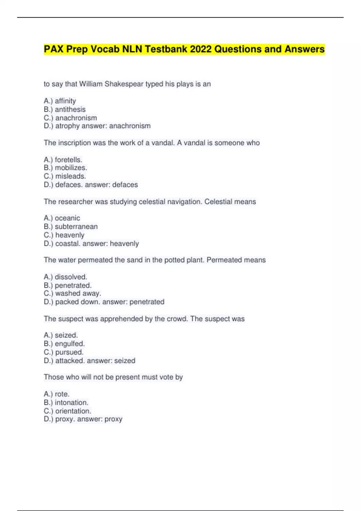 PAX Prep Vocab NLN Test bank Questions and Answers - Stuvia UK